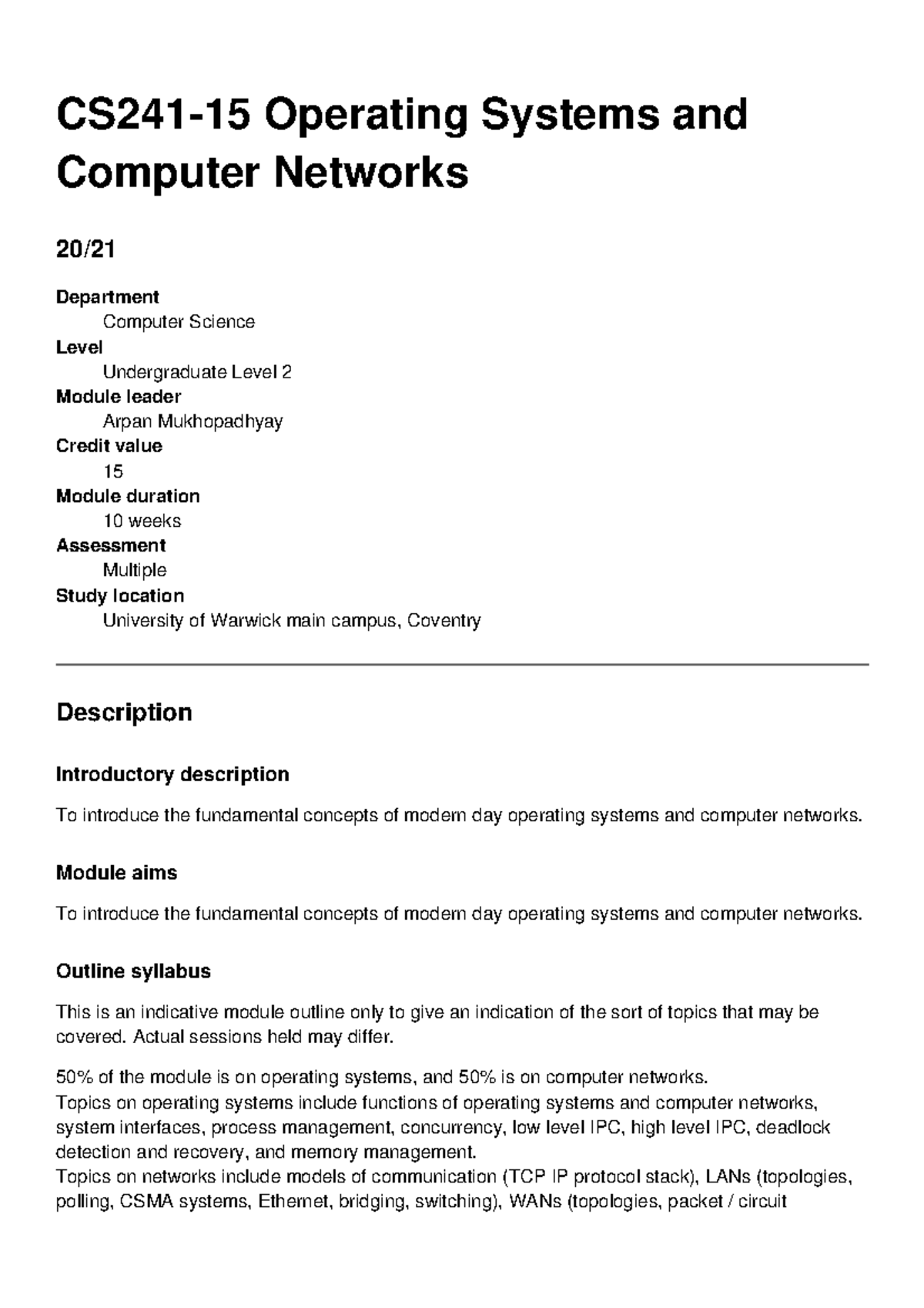 CS241-15-2020 - CS241-15 Operating Systems and Computer Networks 20/ Department Computer Science ...