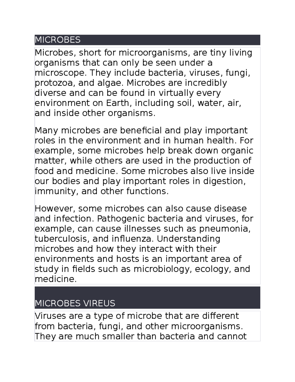 BIO1 - microbes explained - MICROBES Microbes, short for microorganisms ...