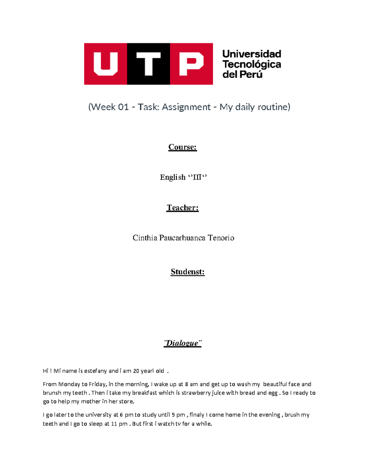 Week 01 - Task Assignment - My daily routine - (Week 01 - Task: Assignment - My daily routine ...