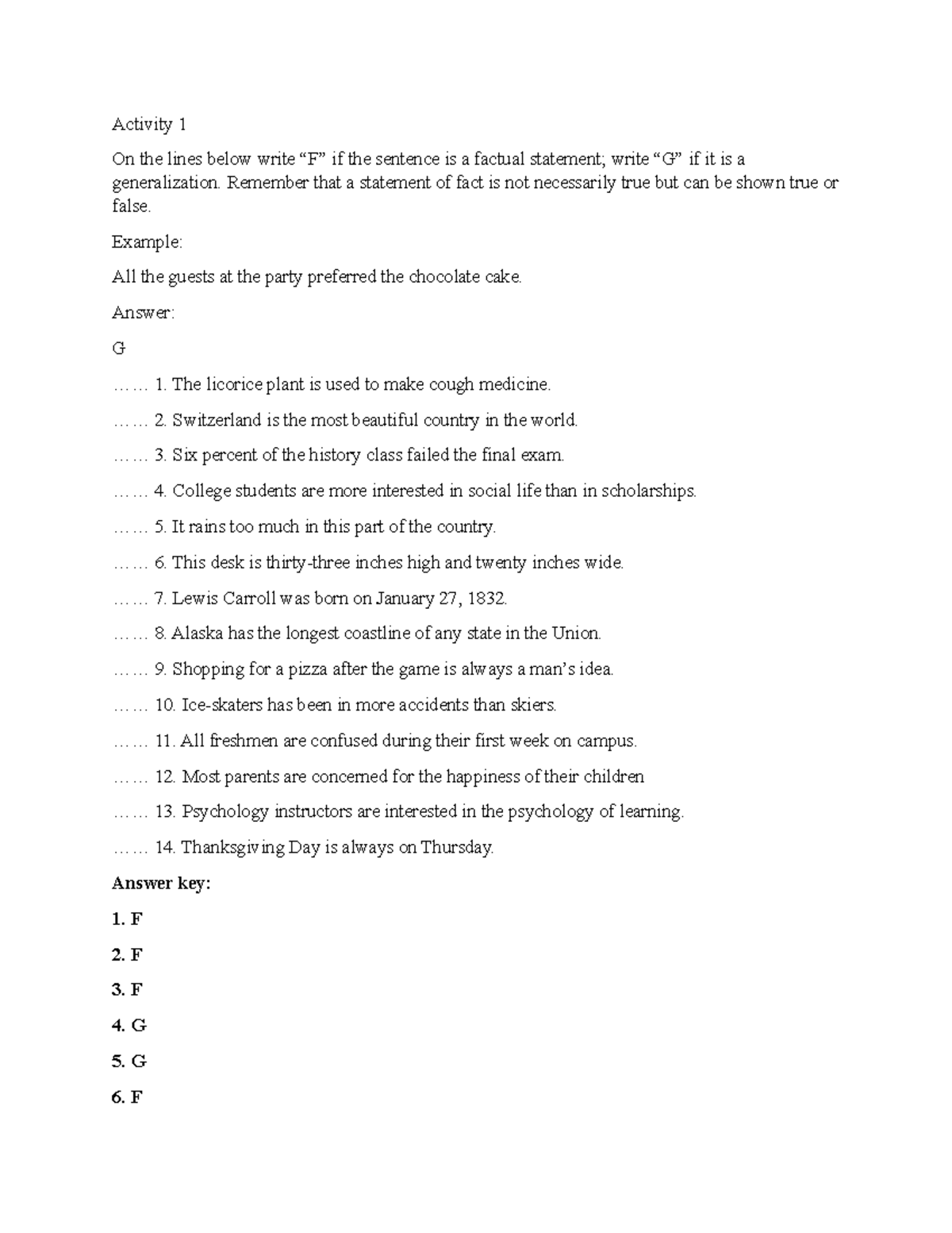 Unit 3. Generalization Activity 1 - Activity 1 On the lines below write ...