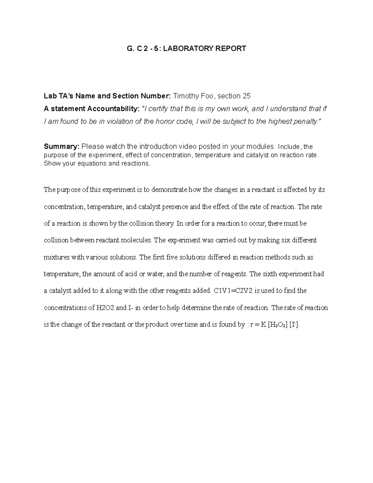GC2-5 Rate of Reaction Study Lab Report - G. C 2 - 5: LABORATORY REPORT ...