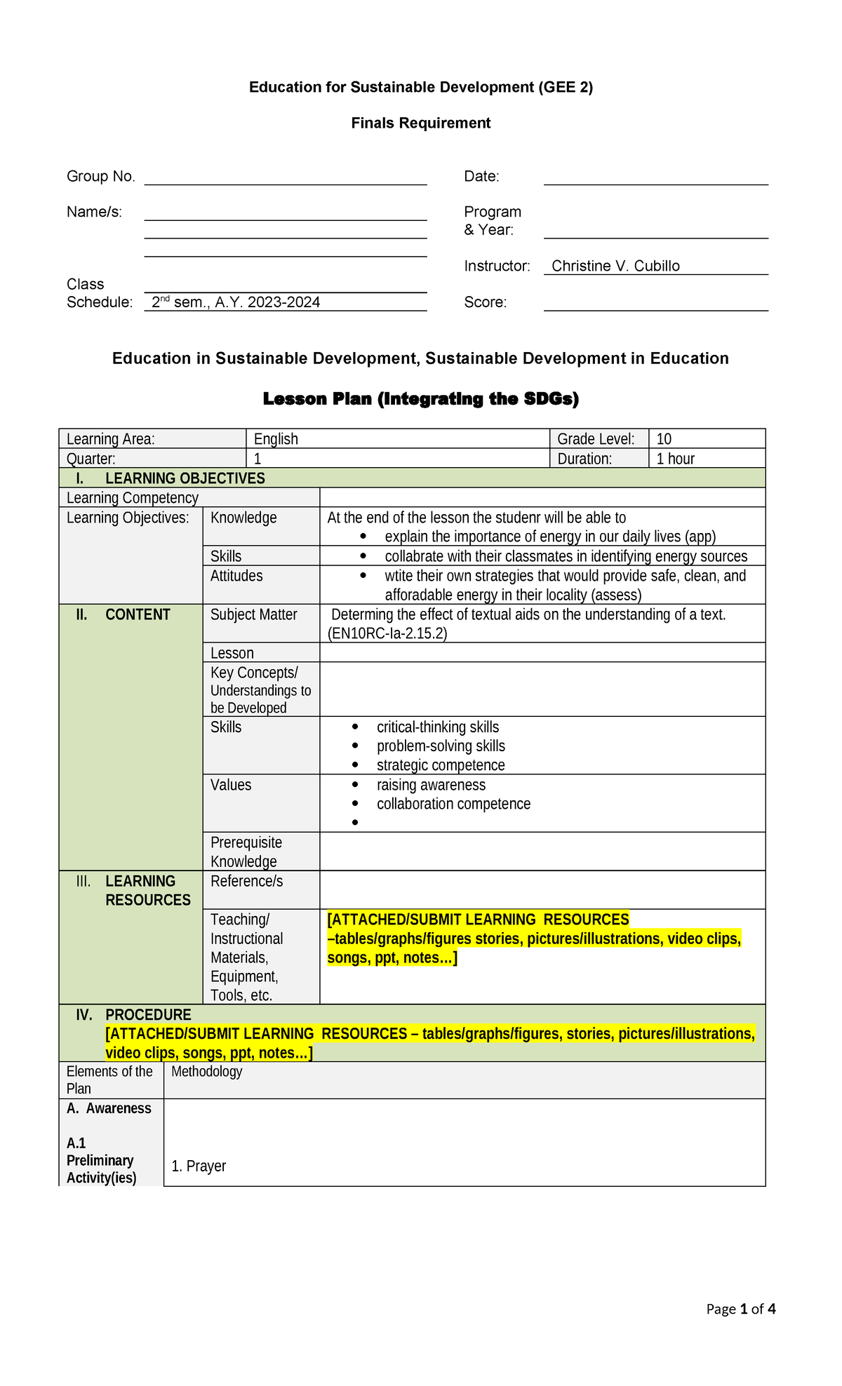 0 ESD Finals Requirement 2023 2024 Lesson Plan - Education for Sustainable Development (GEE 2 ...