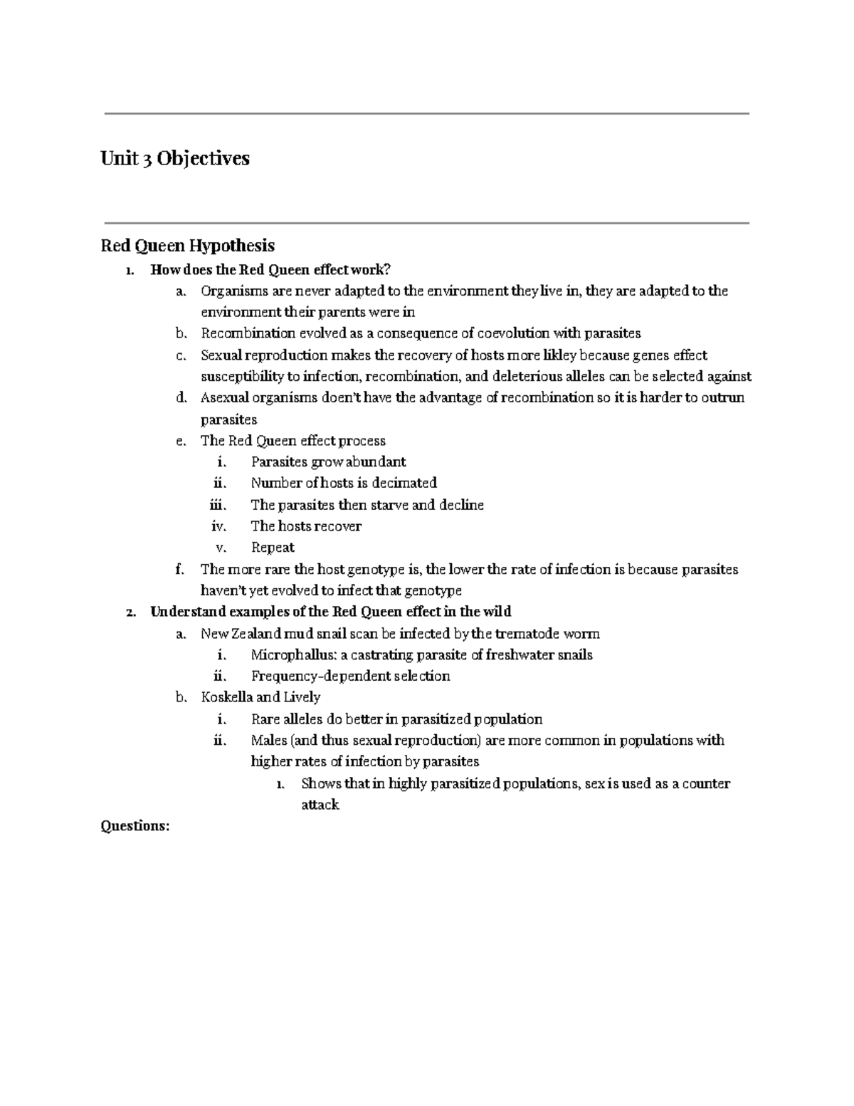 Ecology & Evolution Final Unit 3 Study Guide - Unit 3 Objectives Red Queen Hypothesis 1. How ...