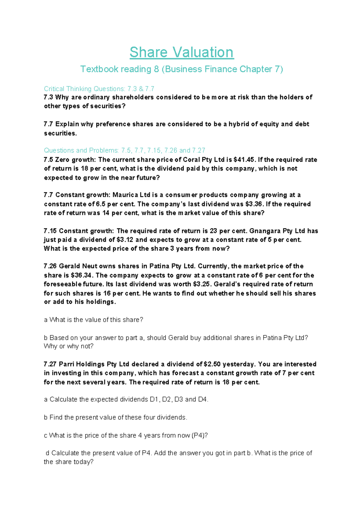Week 10 Questions - Week 10 - Share Valuation Textbook reading 8 ...