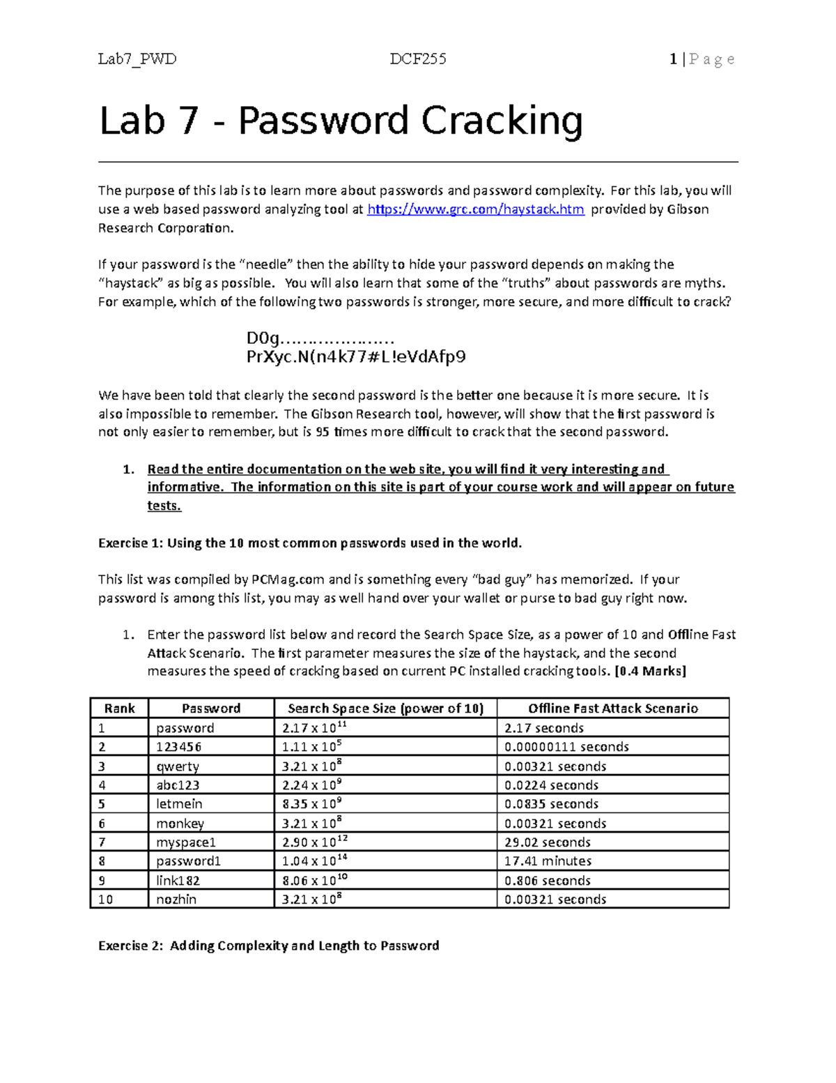DCF255 Lab7 Pwd Cracking - Lab7_PWD DCF255 1 | P a g e Lab 7 - Password ...