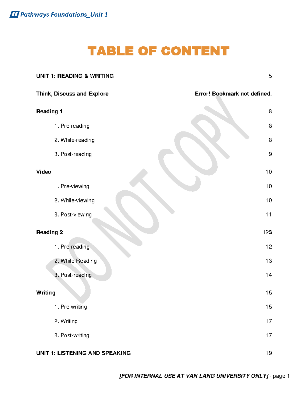 [Official] UNIT 1 Supplementary Pathways F - TABLE OF CONTENT UNIT 1 ...