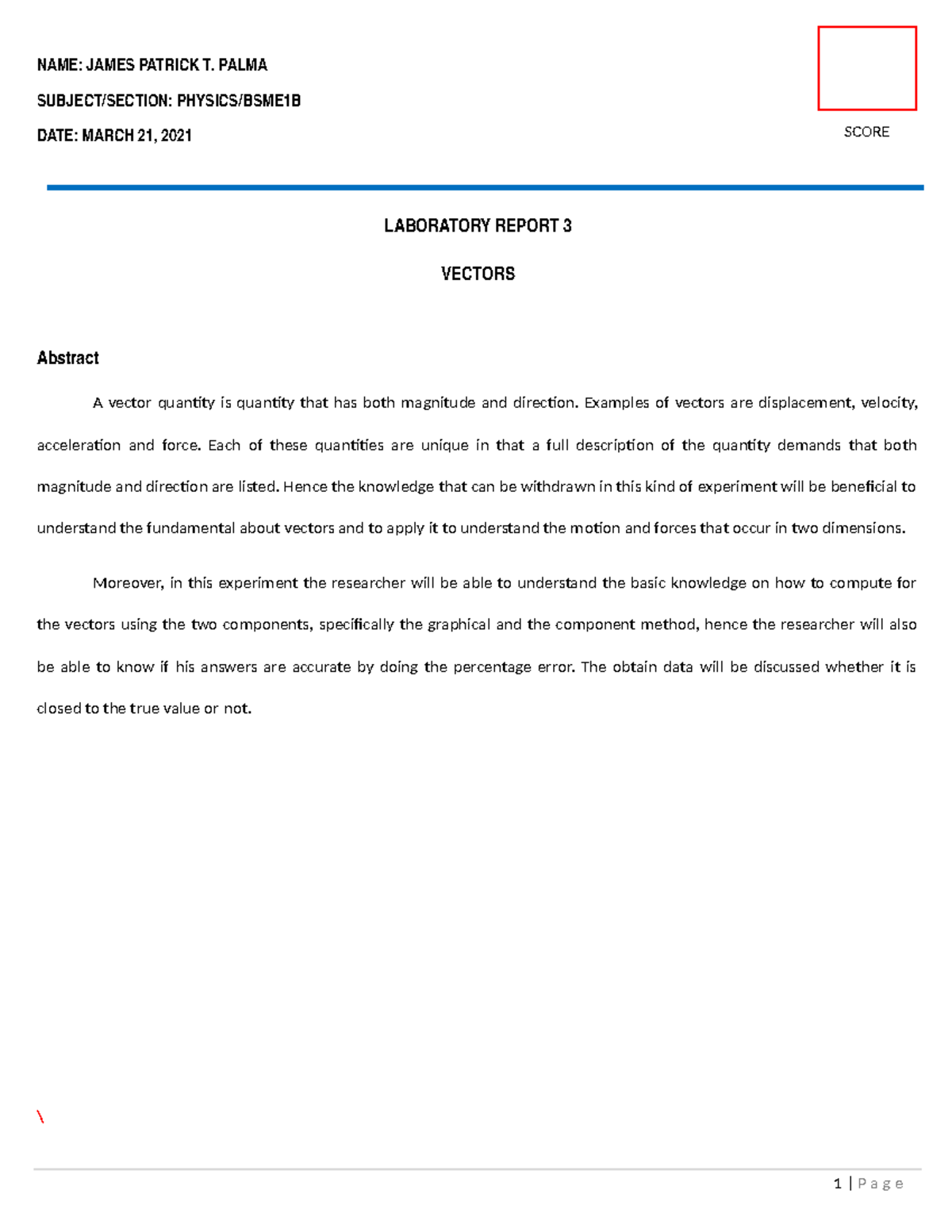 PHY1ME1B Laboratory Report 3 Palma-James-Patrick - College Physics 1 ...