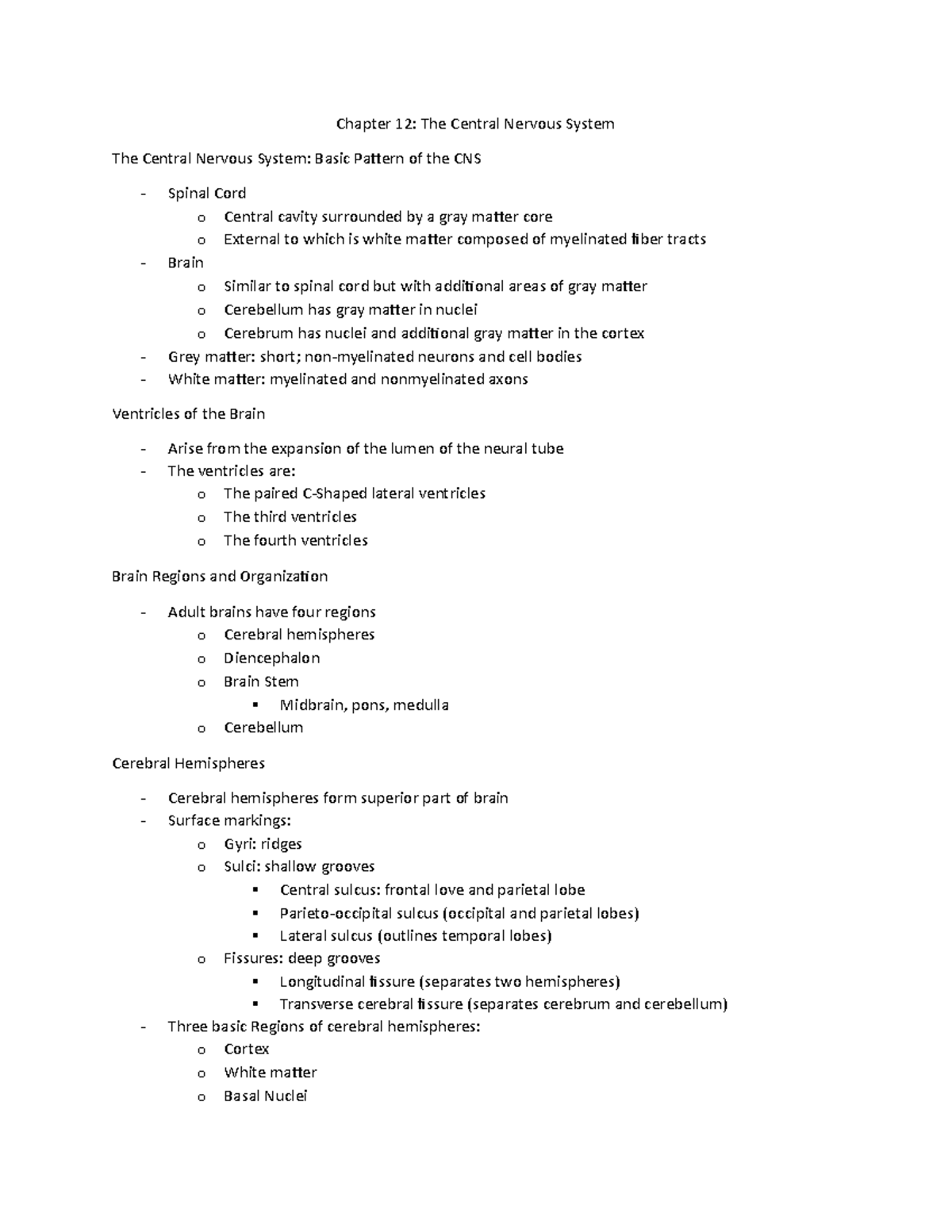 Lecture 11 The Central Nervous System - Chapter 12: The Central Nervous ...
