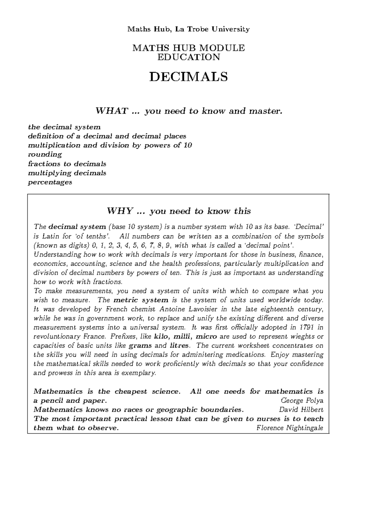 MHM EDU 3 Decimals - Maths Hub, La Trobe University MATHS HUB MODULE ...