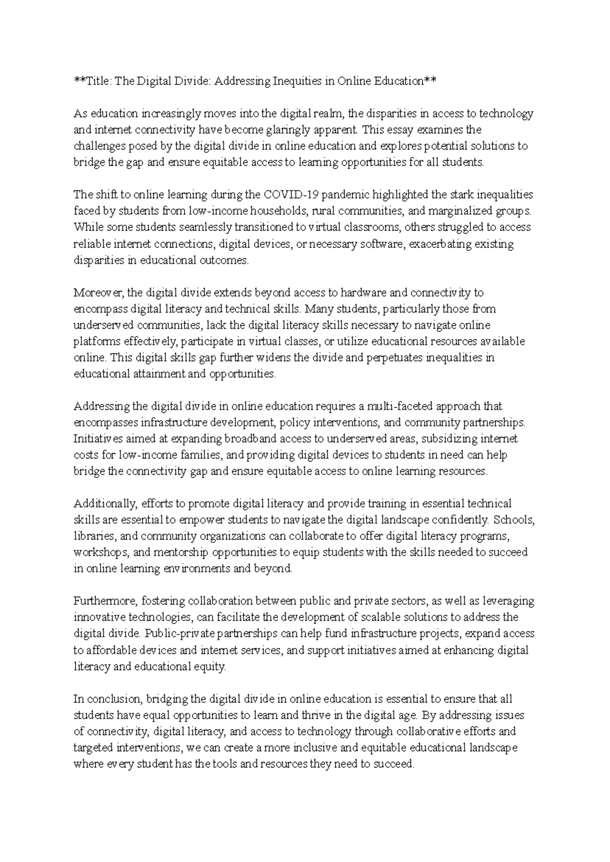 The Digital Divide Addressing Inequities in Online Education - This essay examines the ...