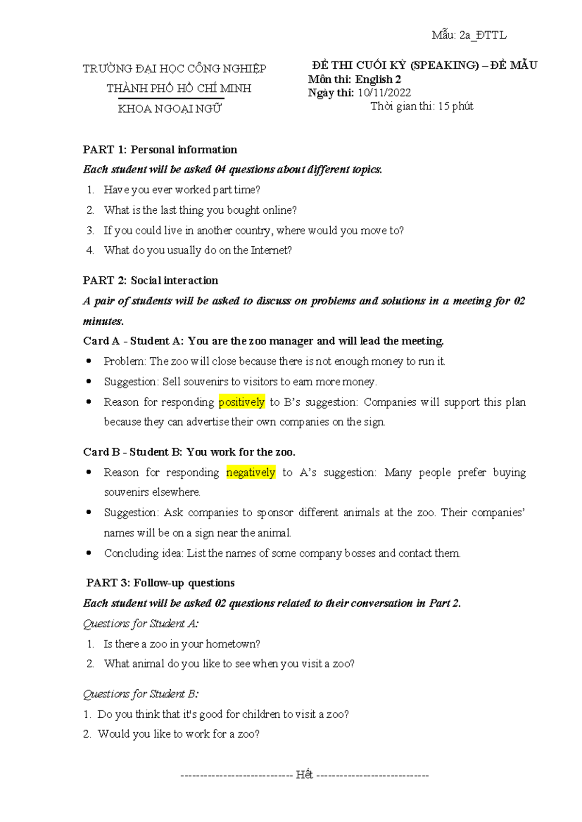 Sample Final Speaking TEST English - Mẫu: 2a_ĐTTL TRƯỜNG ĐẠI HỌC CÔNG ...