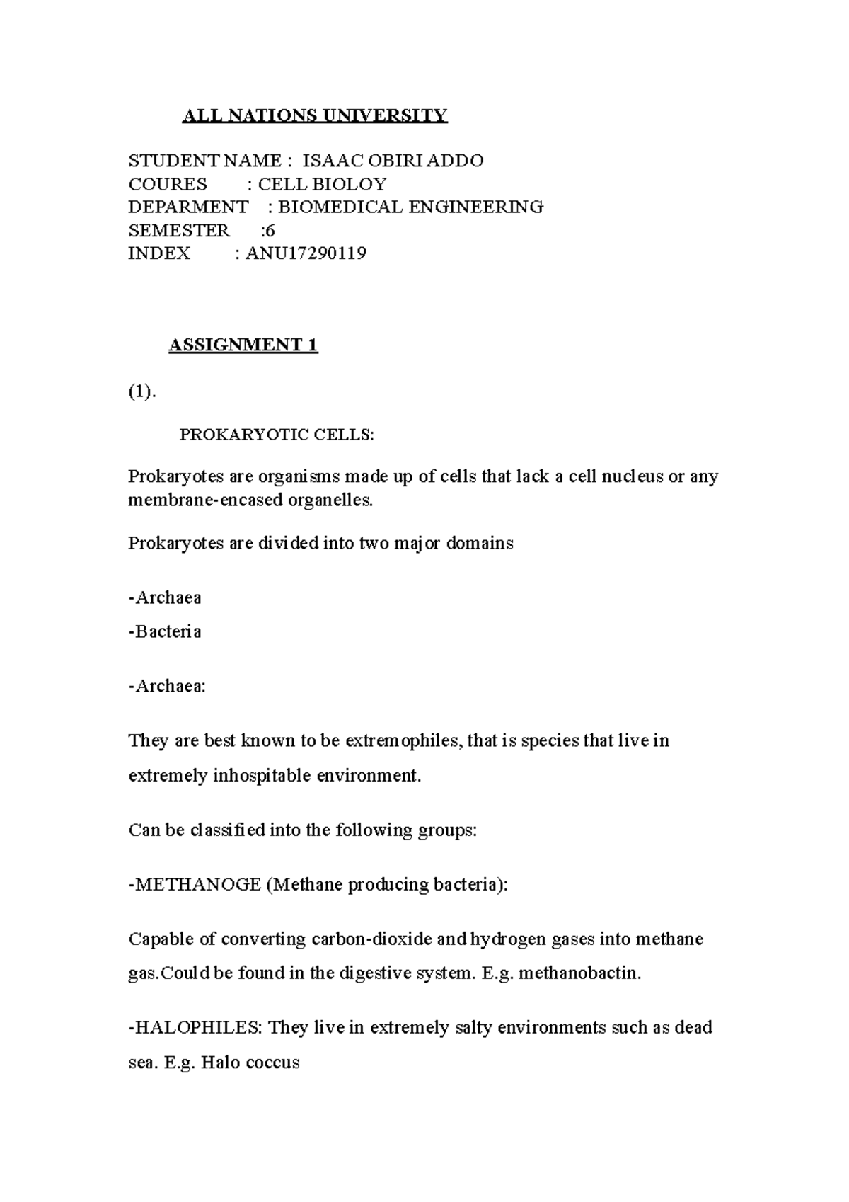 Cell biology assignment - ALL NATIONS UNIVERSITY STUDENT NAME : ISAAC ...