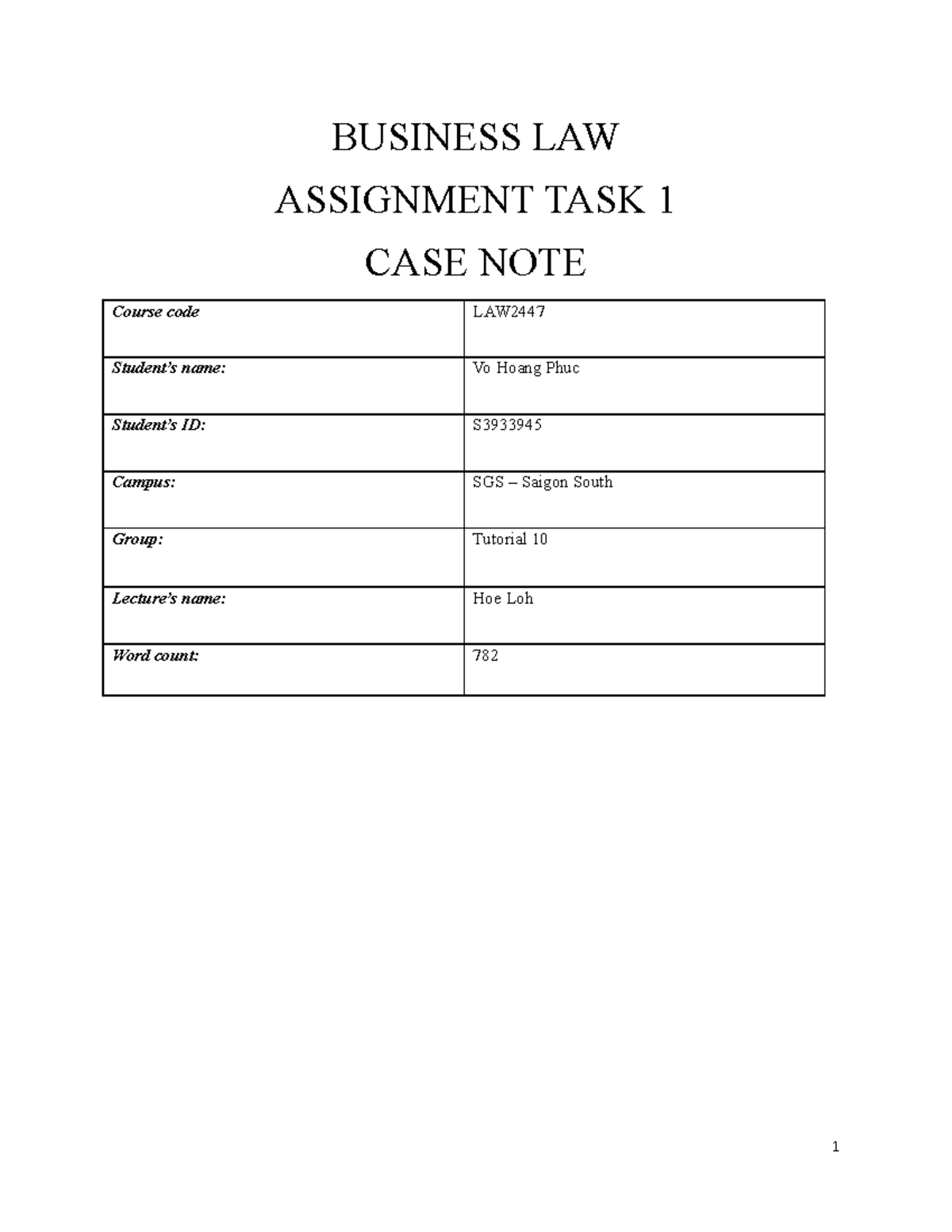 ASM1 CASE NOTE VO Hoang PHUC S3922945 - BUSINESS LAW ASSIGNMENT TASK 1 ...