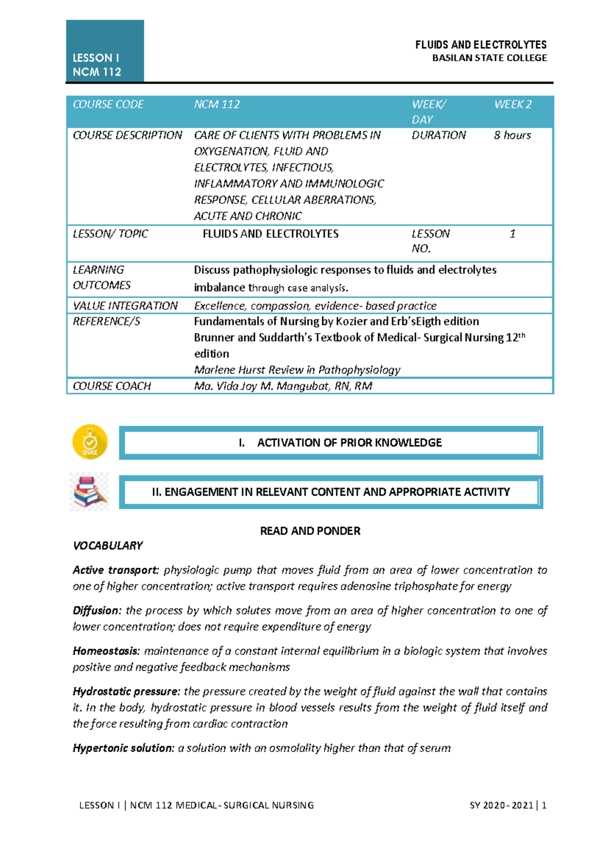 Fluids and Electrolyte Module - LESSON I NCM 112 BASILAN STATE COLLEGE ...