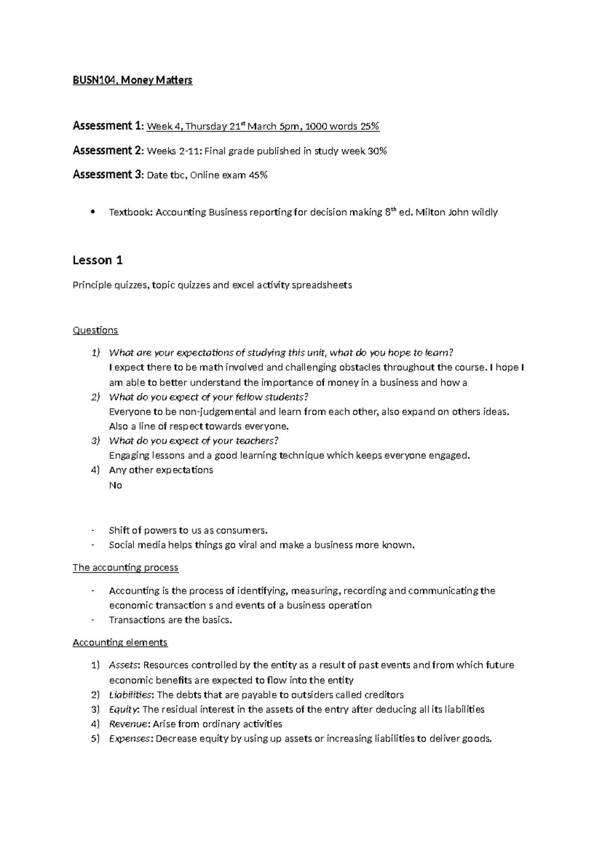 BUSN104 Lesson 1+ Basic Assesments outline - BUSN104, Money Matters ...