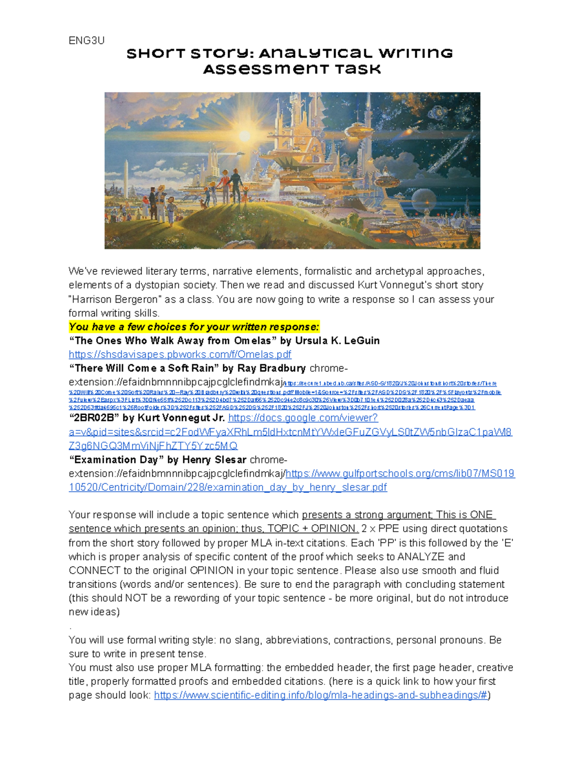 ENG3U Short Story Analytical Writing Task - The Ones Who Walk Away from ...