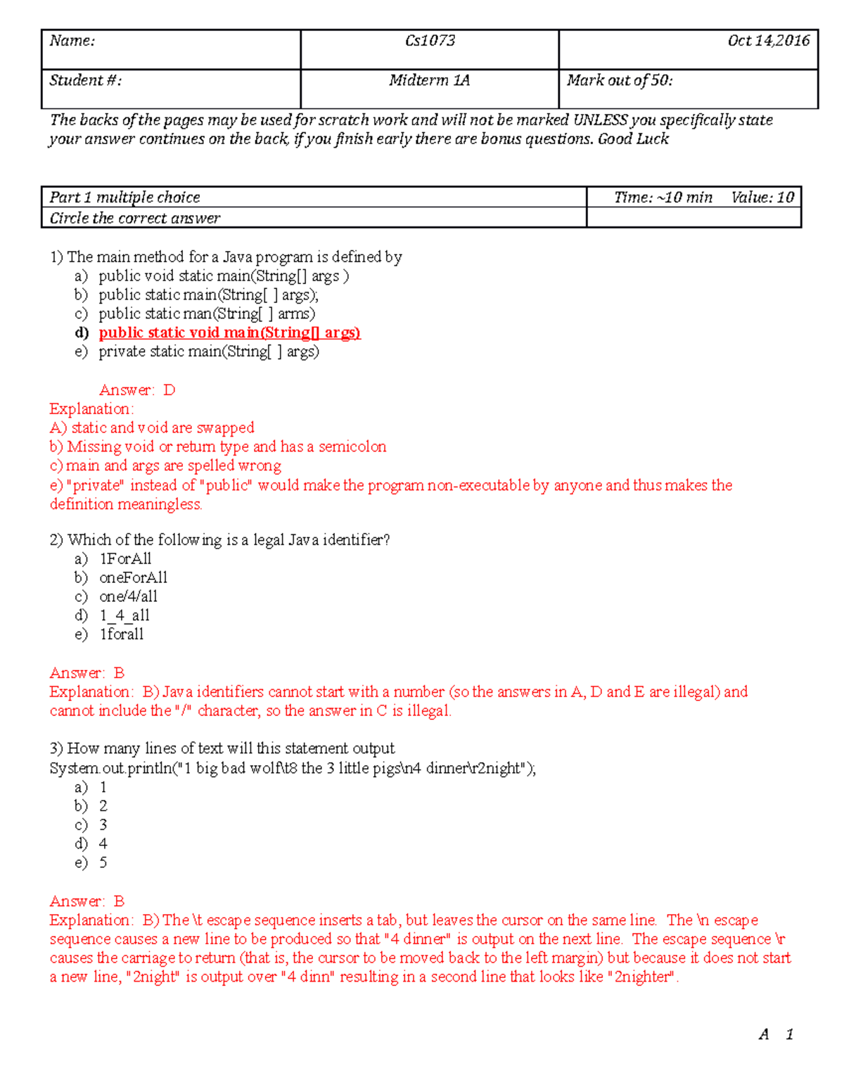 Midterm 2016, questions and answers - Name: Cs1073 Oct 14, Student #: Midterm 1A Mark out of 50 ...
