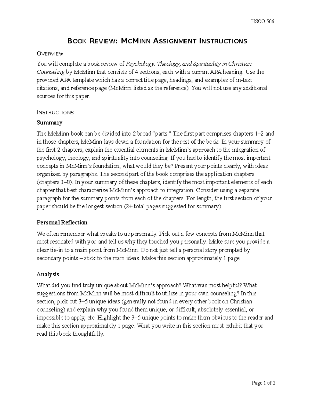Book Review Mc Minn Assignment Instructions - HSCO 506 BOOK REVIEW ...