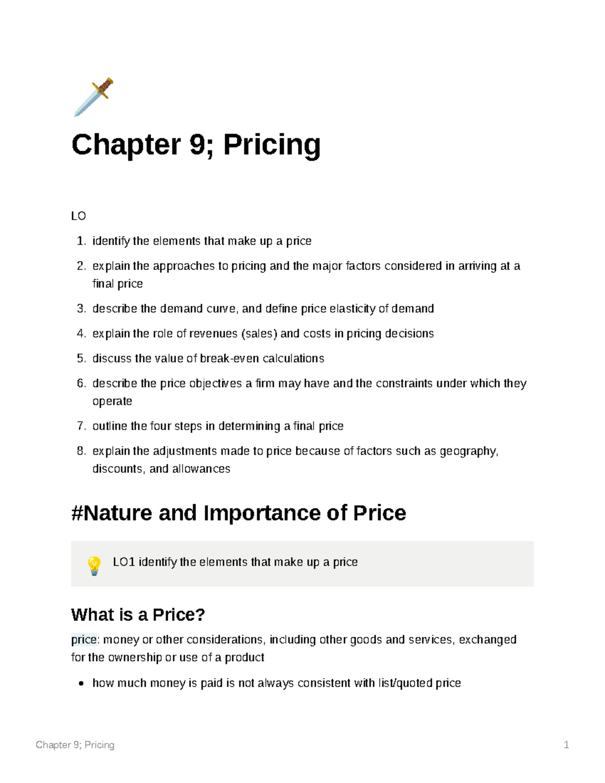 Chapter 9 Pricing - textbook notes - 🗡 Chapter 9; Pricing LO identify ...