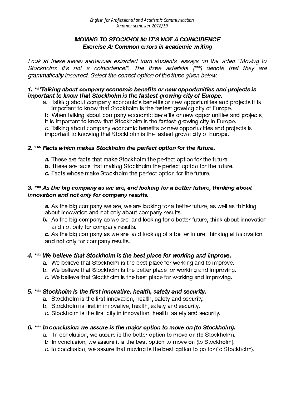 Stockholm 2 Common errors exercise (A) ( Students Handout) - English for Professional and ...