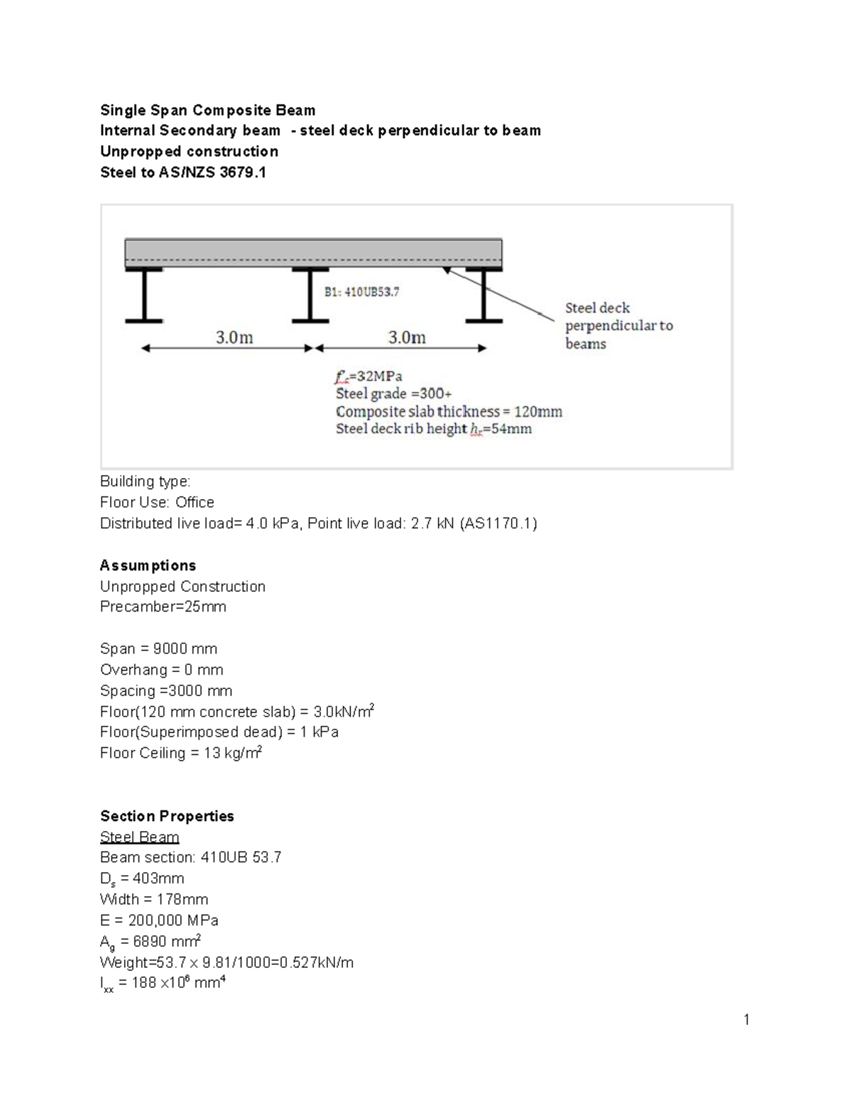 CIVE1210 Composite beam example - Single Span Composite Beam Internal Secondary beam - steel ...