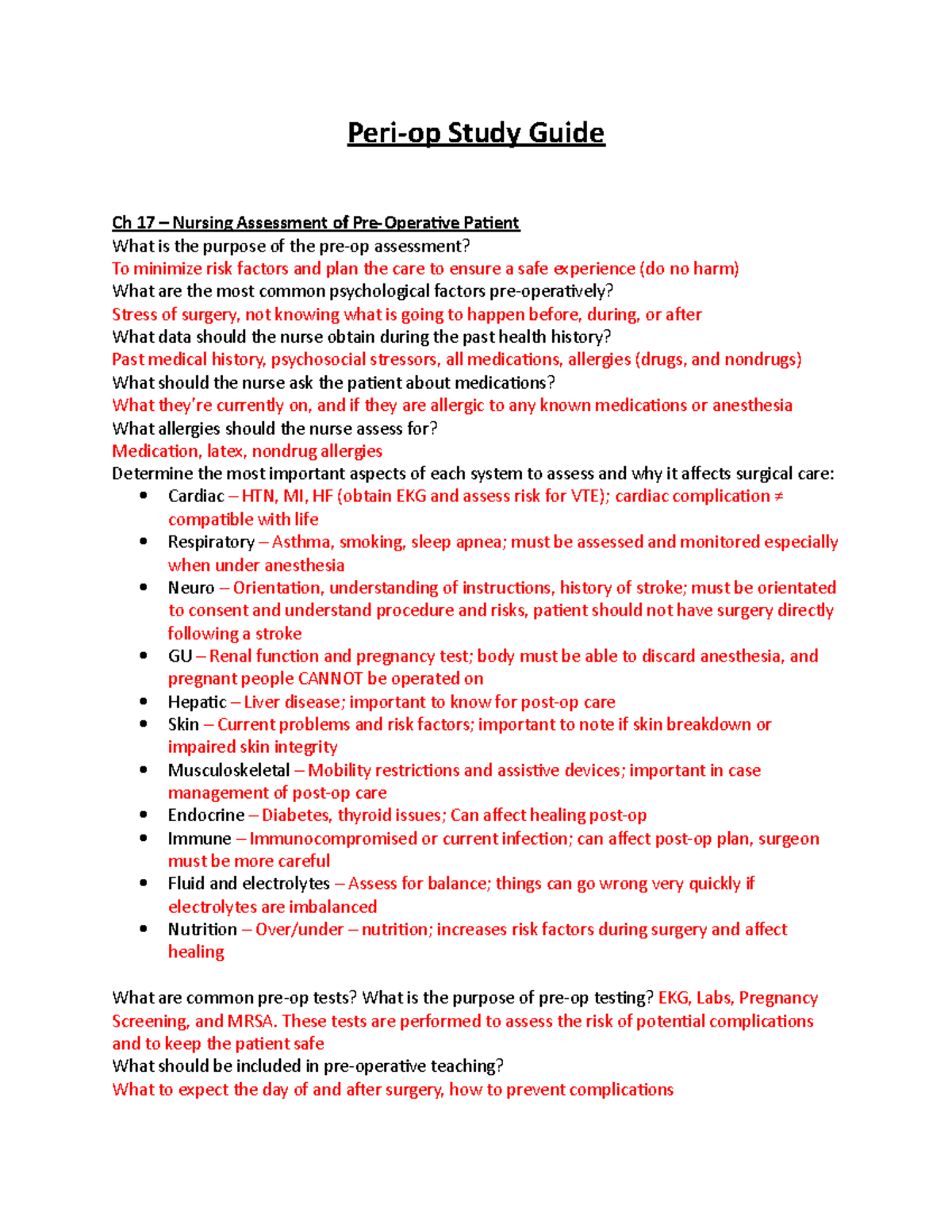 Periop Study Guide - Peri-op Study Guide Ch 17 – Nursing Assessment of ...