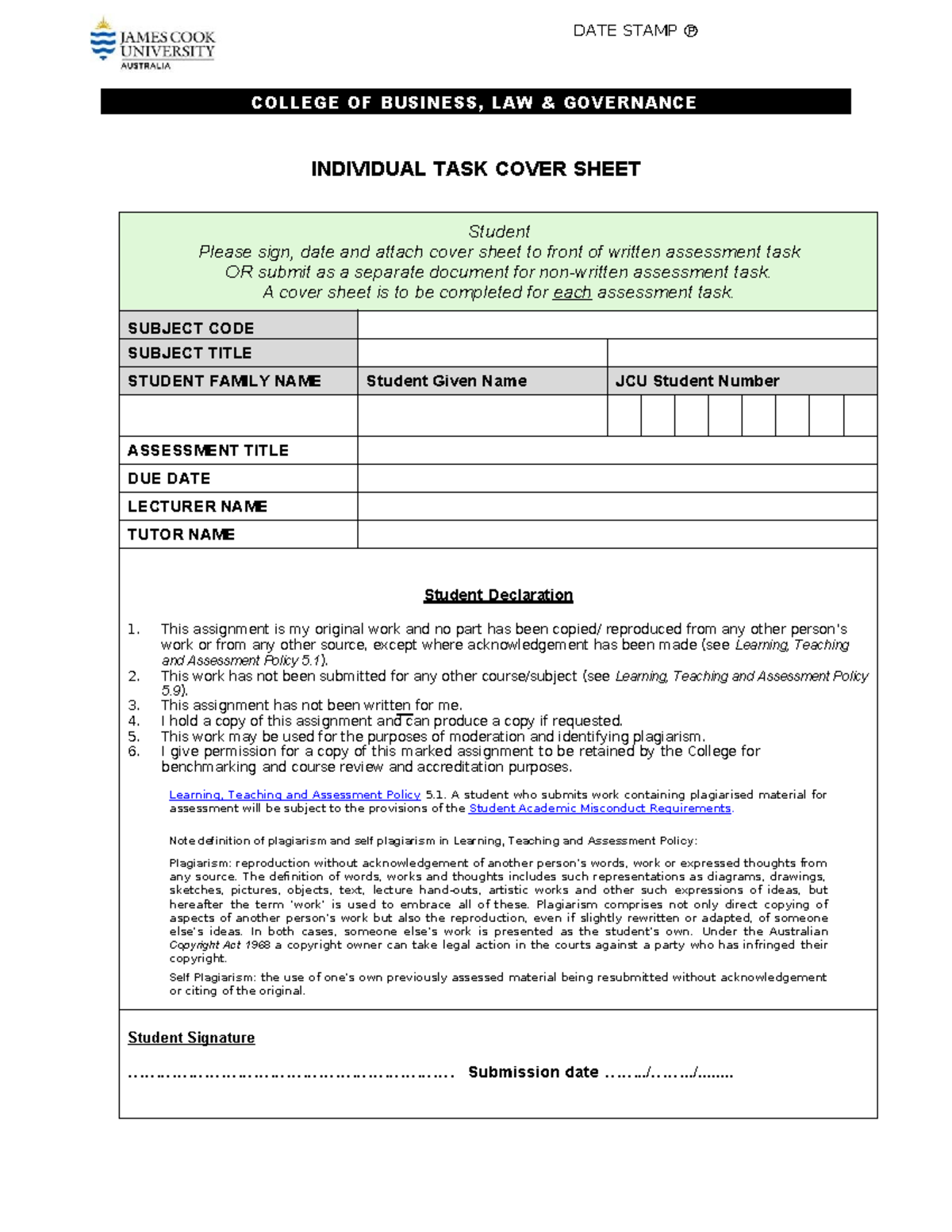 Fillable Individual Cover Sheet - DATE STAMP COLLEGE OF BUSINESS, LAW ...