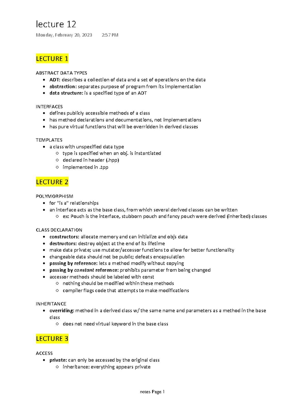 Lecture 12 - lect12 - LECTURE 1 ABSTRACT DATA TYPES ADT: describes a collection of data and a ...