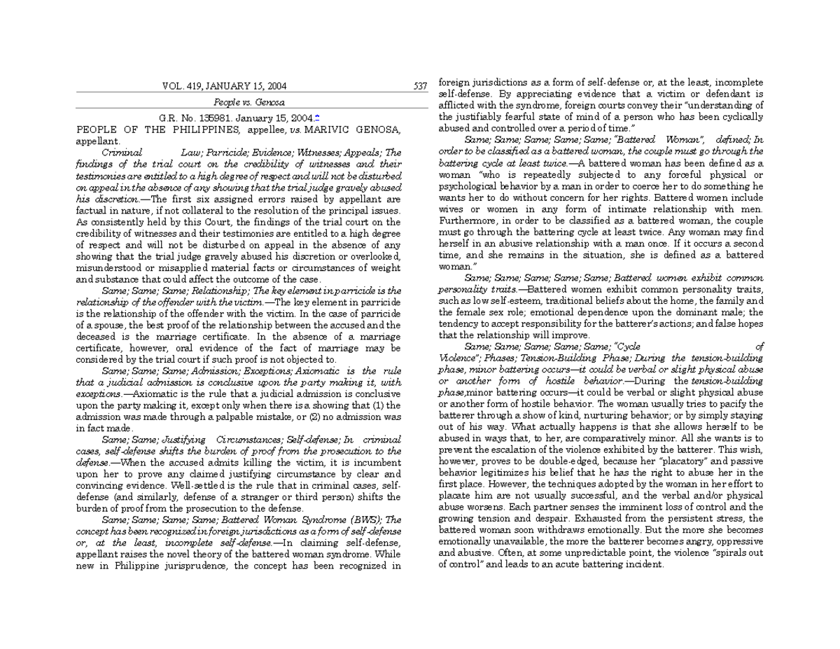 1. People v. Genosa, 341 SCRA 493, 419 SCRA 537 - VOL. 419, JANUARY 15 ...