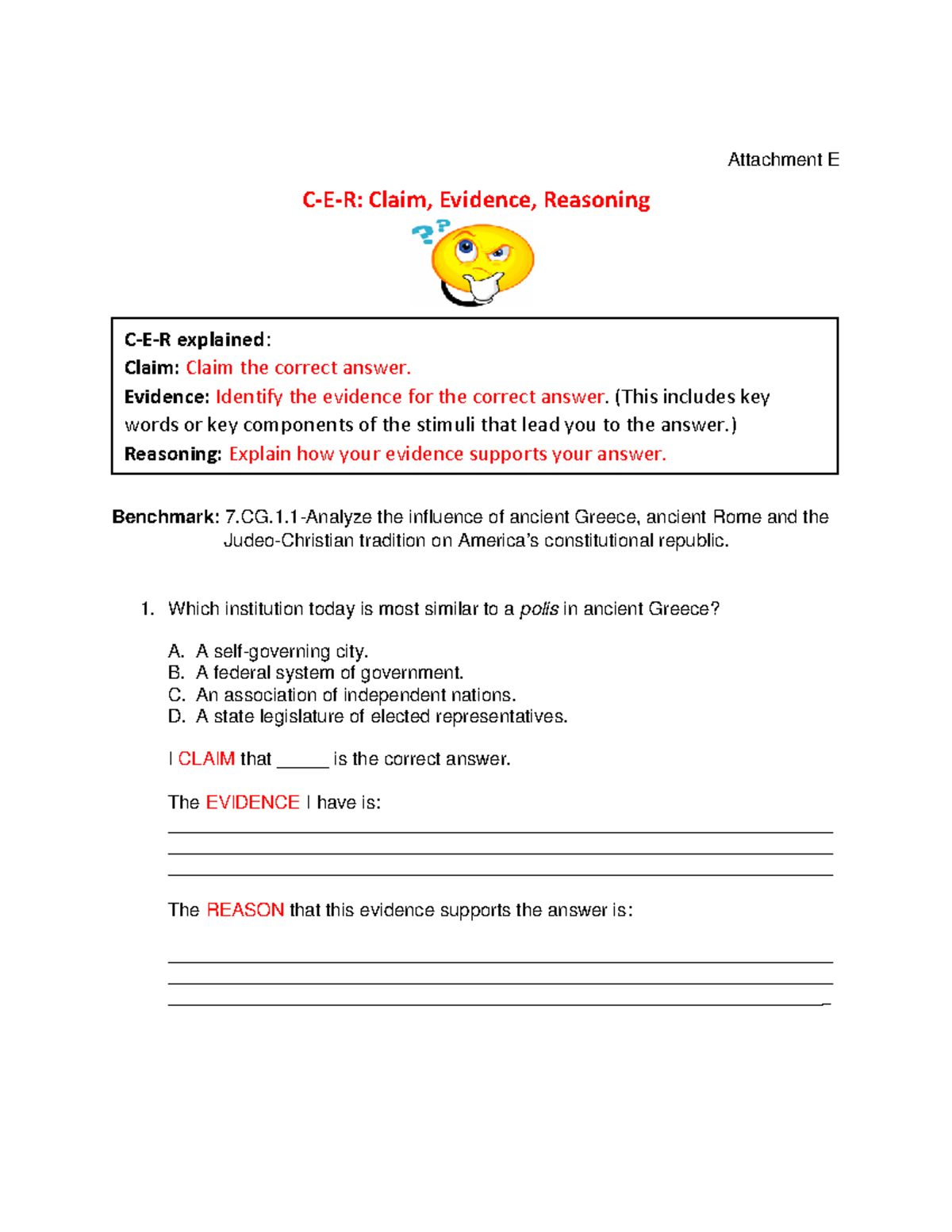 Judeo Christian - Attachment E C-E-R: Claim, Evidence, Reasoning ...