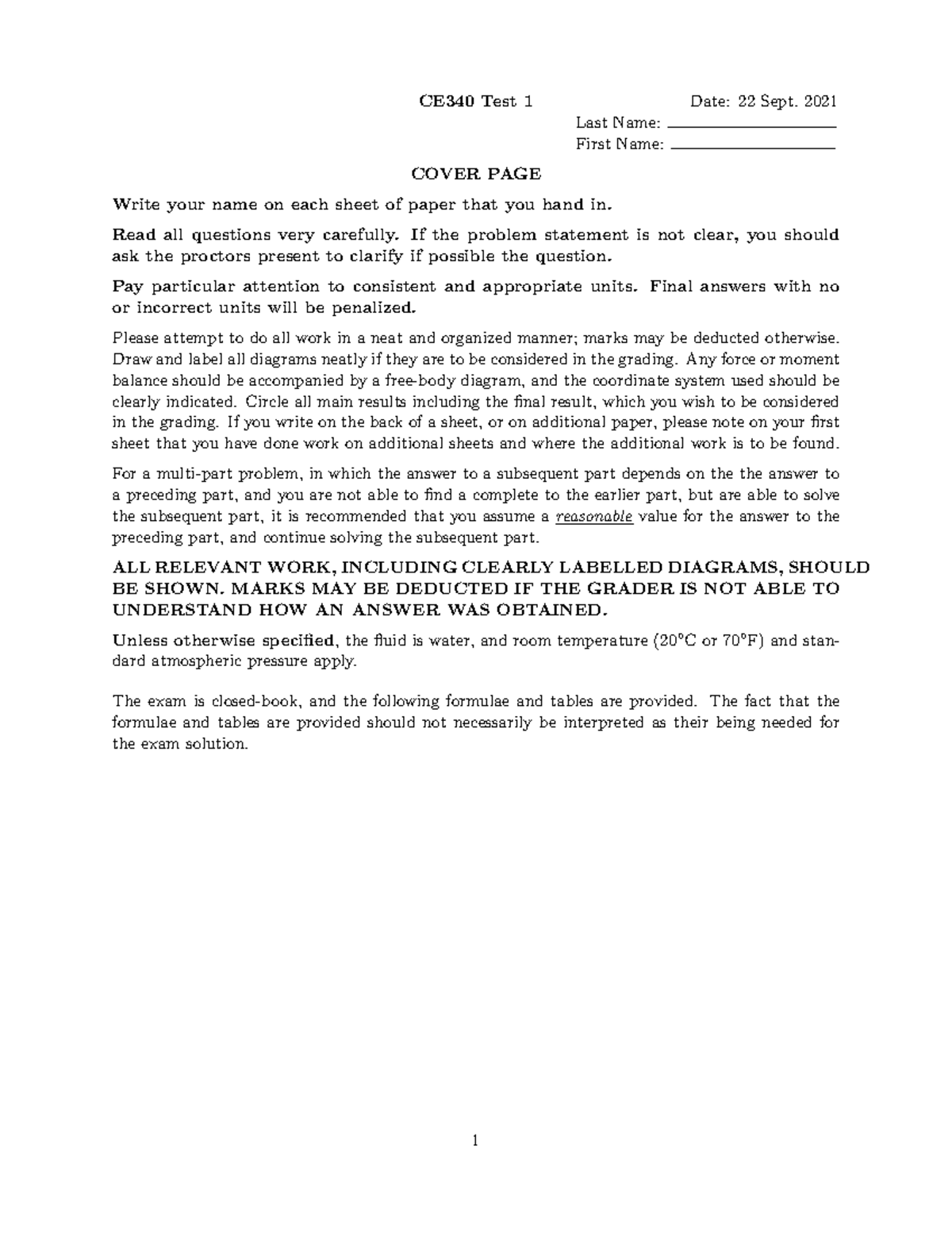 Tst2021F 1 cover page - CE340 Test 1 Date: 22 Sept. 2021 Last Name ...