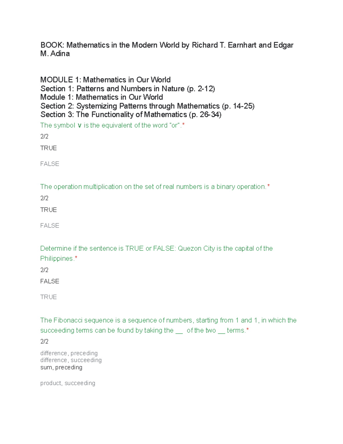 MMW WEEK 1-3 TEST - BOOK: Mathematics in the Modern World by Richard T ...