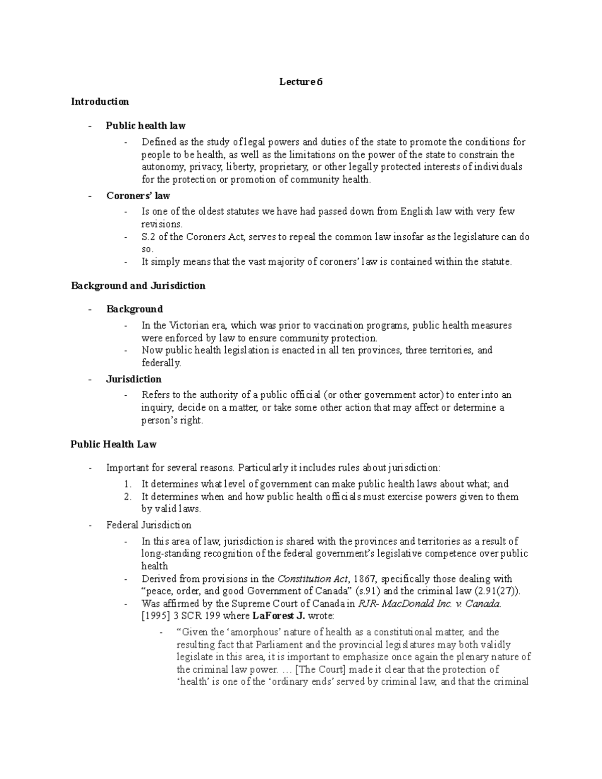 CLAW 326 - Lecture 6 - Lecture 6 Introduction Public health law Defined as the study of legal ...