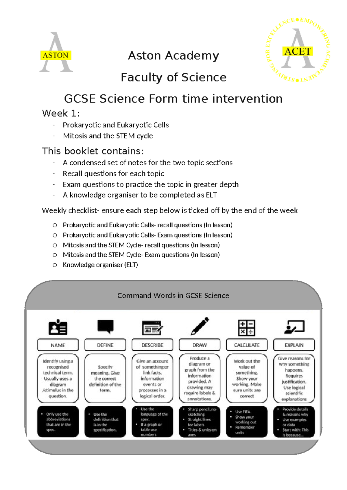 Booklet - Cells - Aston Academy Faculty of Science GCSE Science Form ...