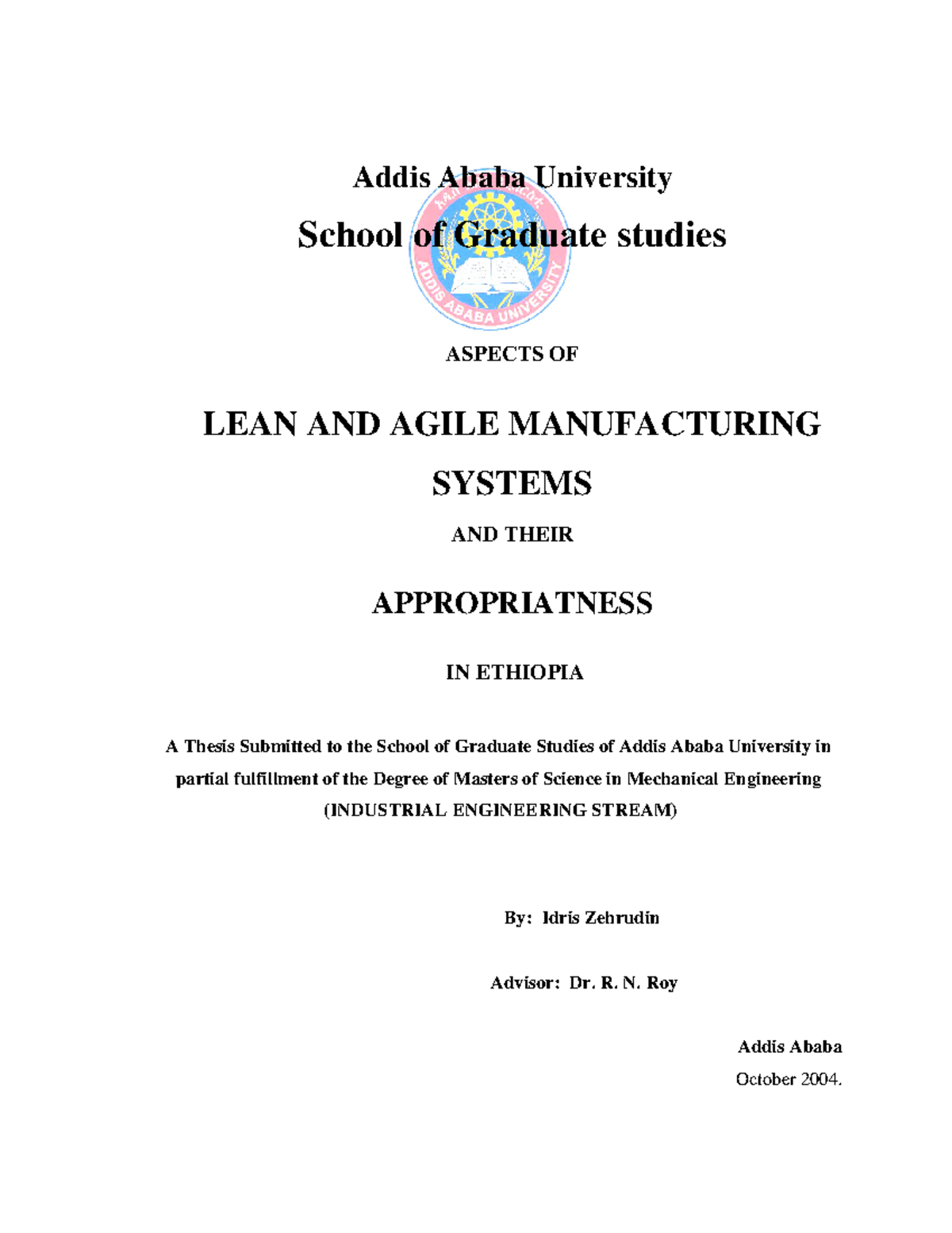 Lean and Agile Manufacturing Systems - Addis Ababa University School of Graduate studies ASPECTS ...