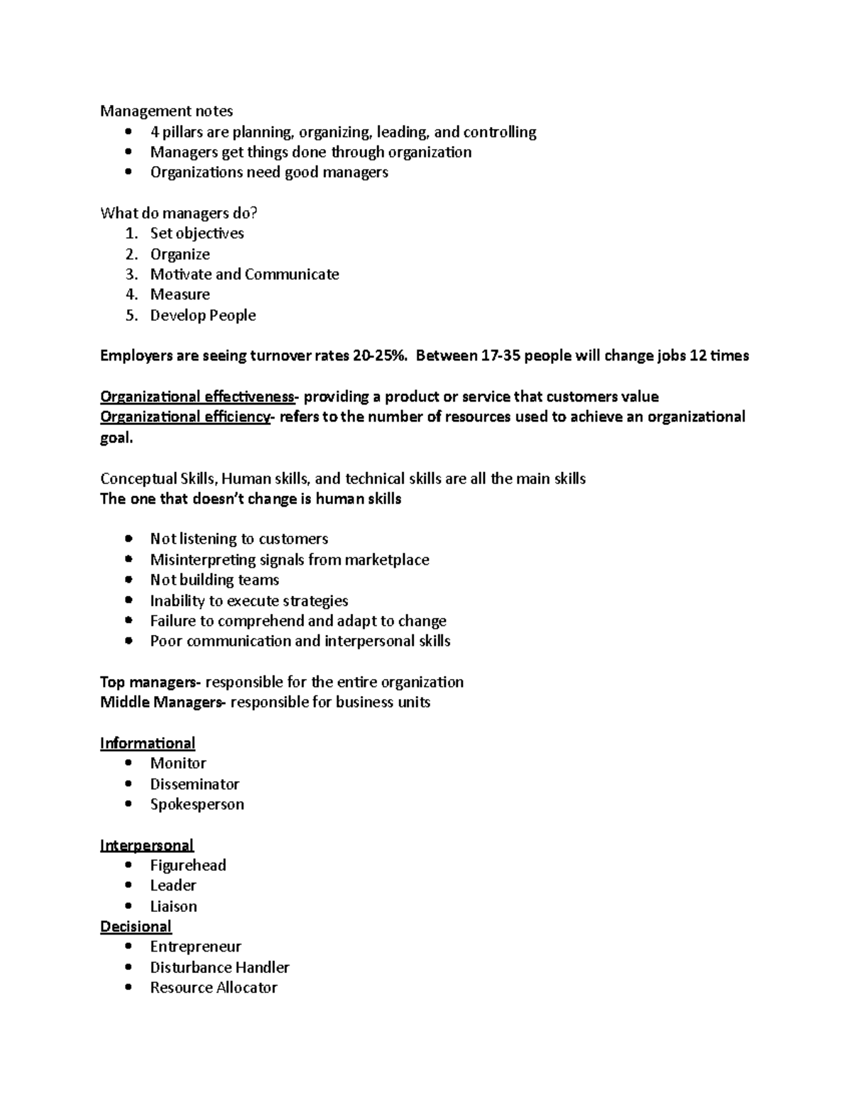 Management notes - Management notes 4 pillars are planning, organizing ...