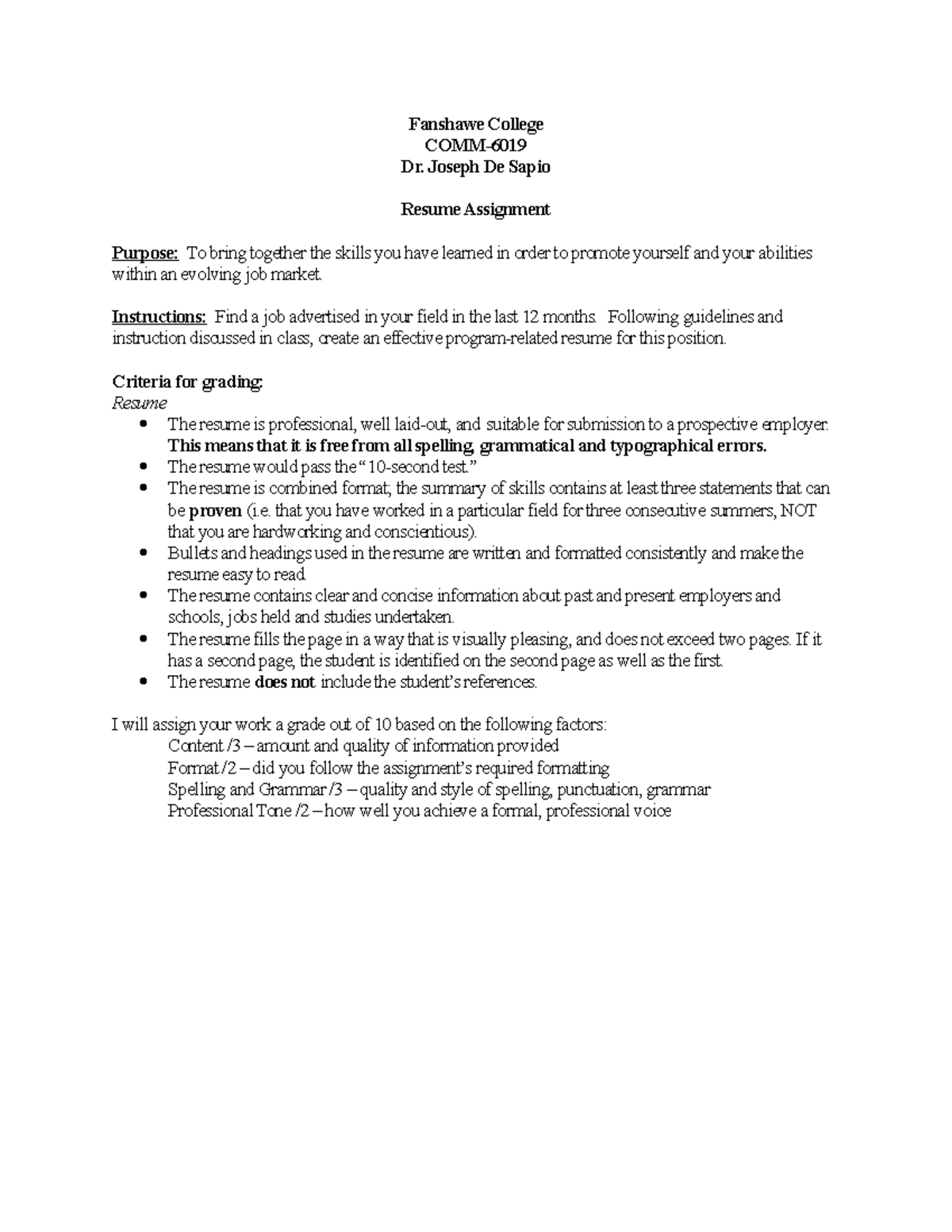 COMM 6019 Resume Assignment - Fanshawe College COMM- Dr. Joseph De ...