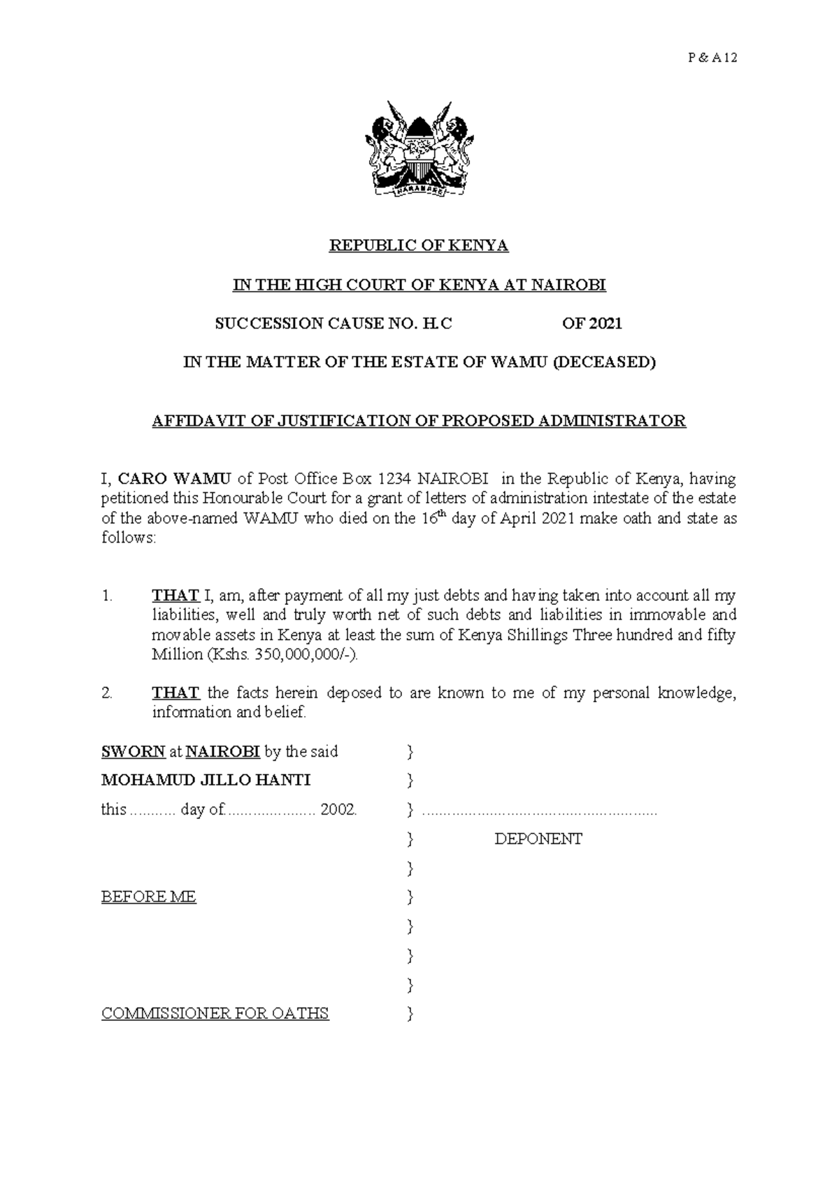 Wamus supporting affidavit - P & A 12 REPUBLIC OF KENYA IN THE HIGH ...