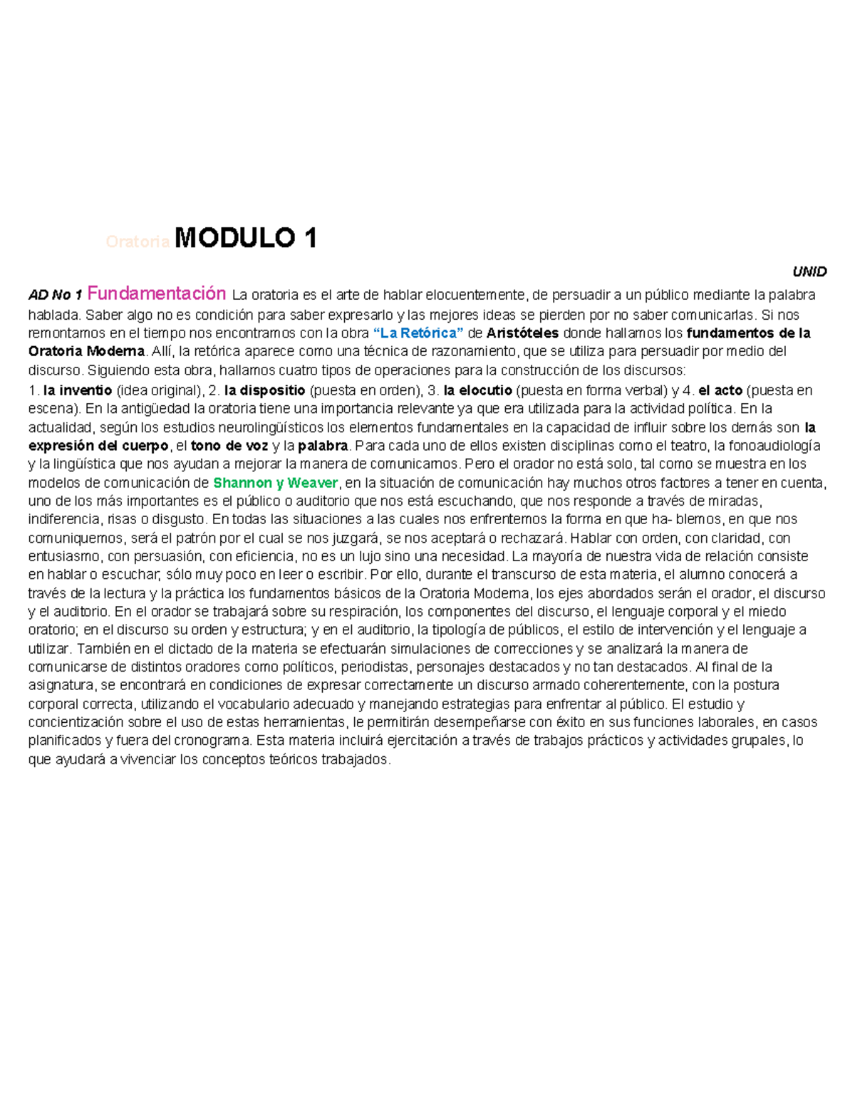Oratoria - Apunte completo -.pdf · - Oratoria MODULO 1 UNID AD No 1 Fundamentación La oratoria ...