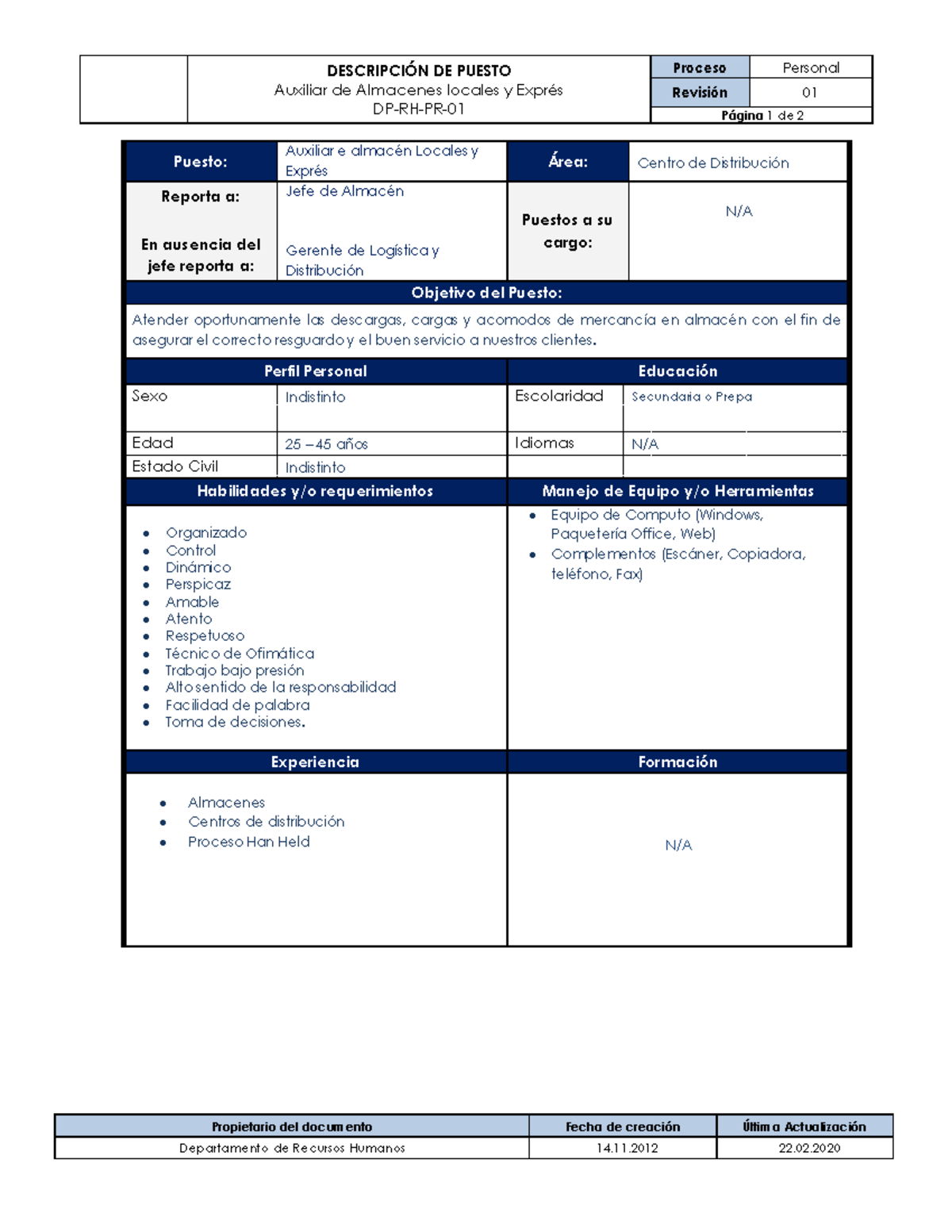 D.P. Auxiliar de almacén locales y exprés - DESCRIPCI”N DE PUESTO Auxiliar de Almacenes locales ...
