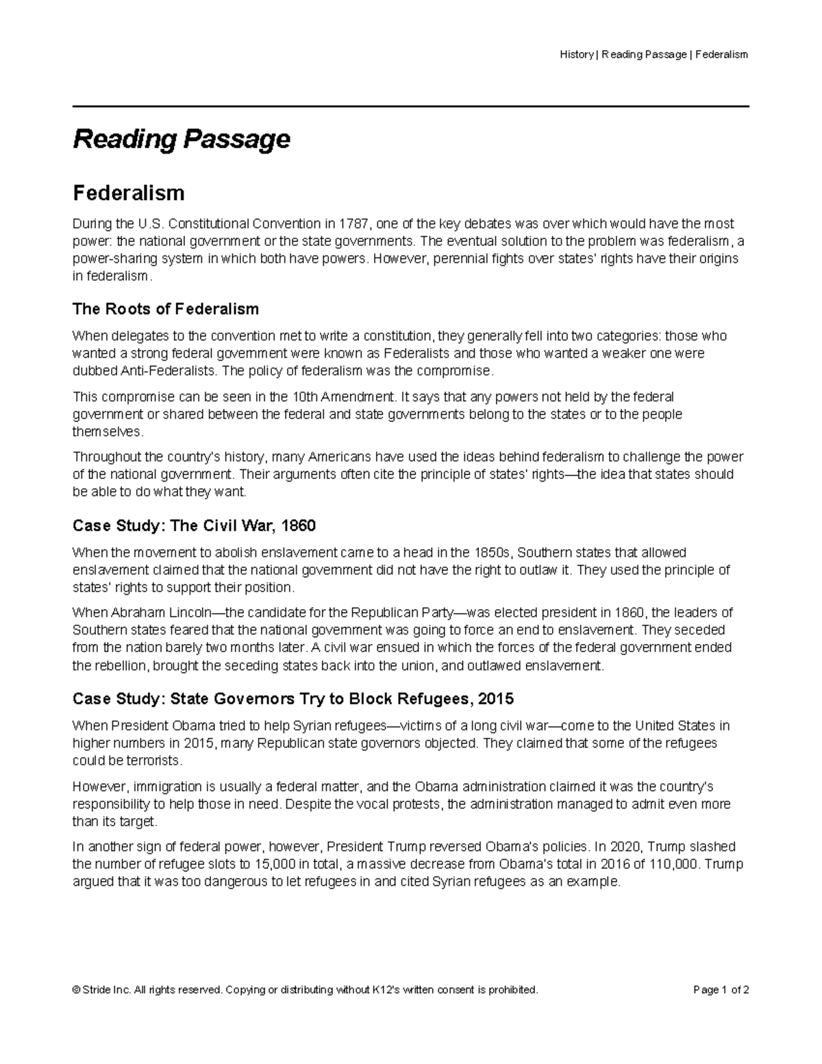 Federalism in the 2000 s Case Studys - History | Reading Passage ...