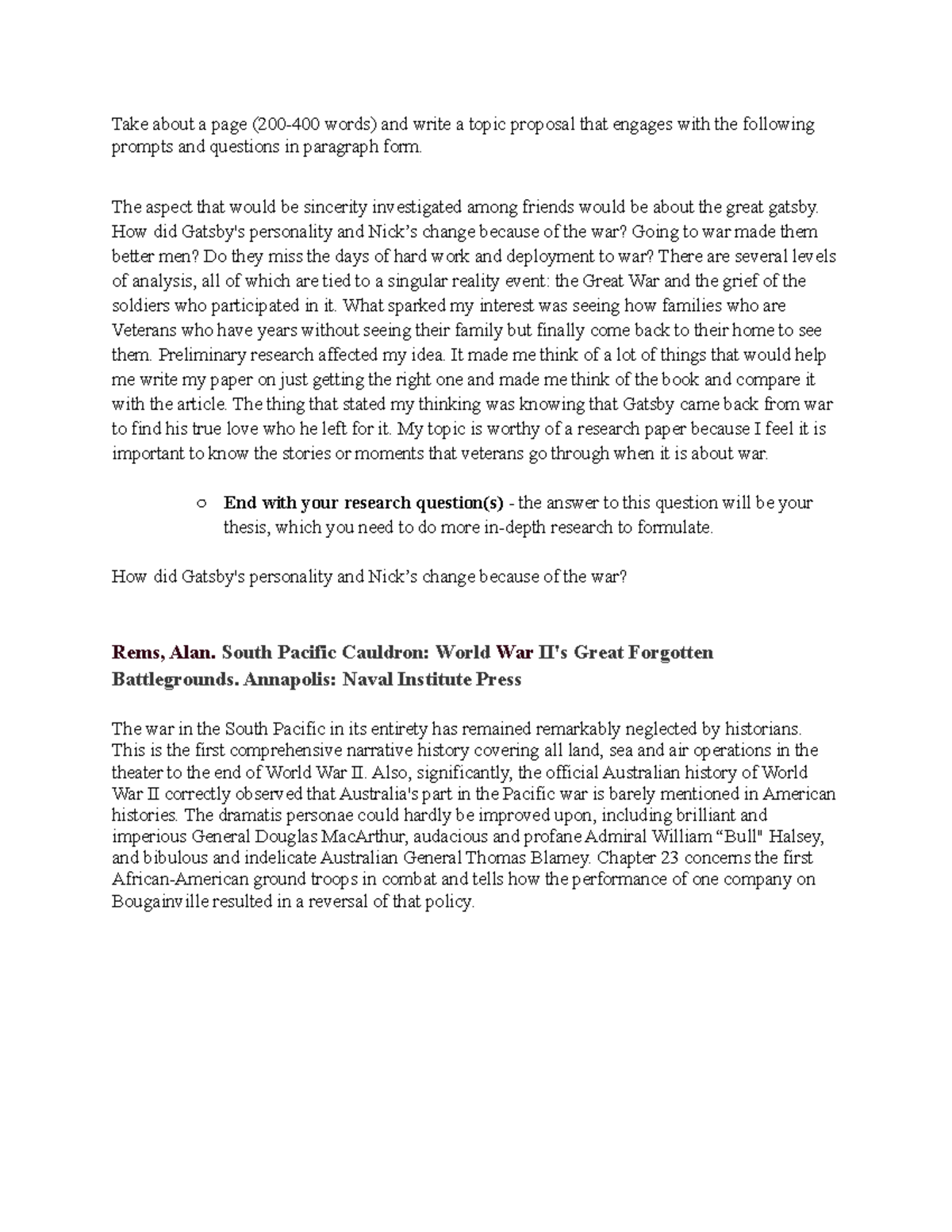 Topic Proposal - Take about a page (200-400 words) and write a topic ...