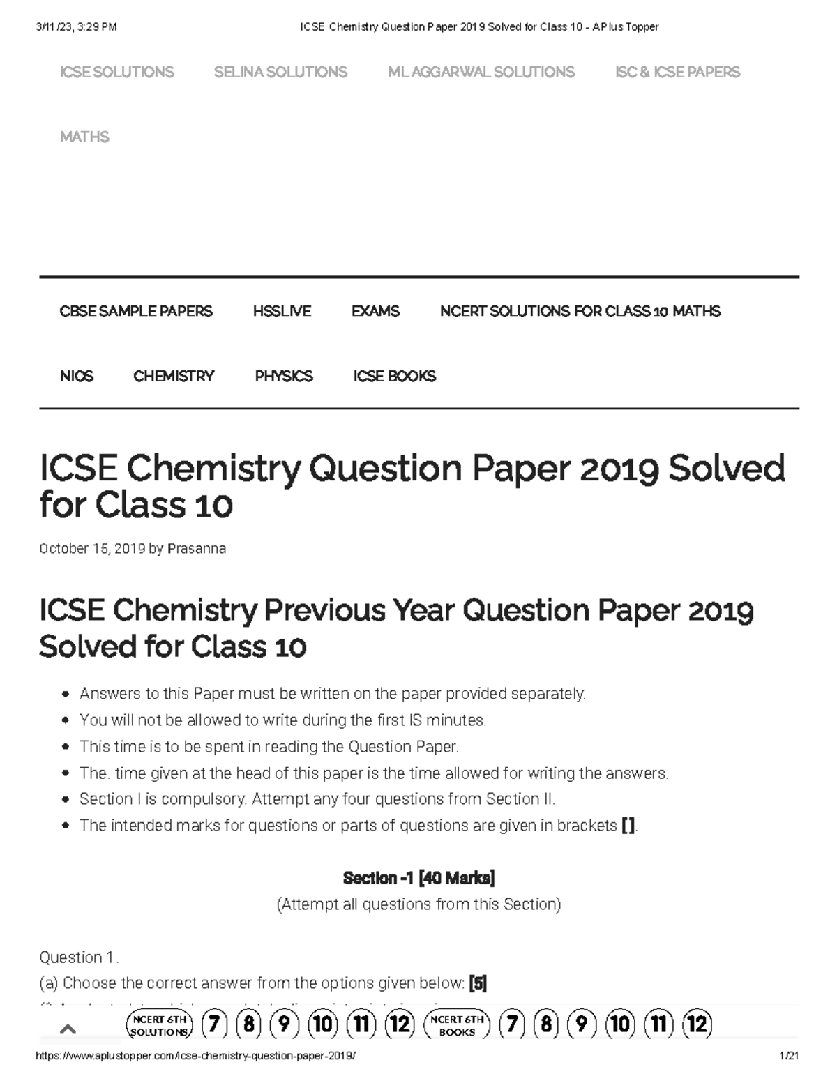 ICSE Chemistry Question Paper 2019 Solved for Class 10 - A Plus Topper ...