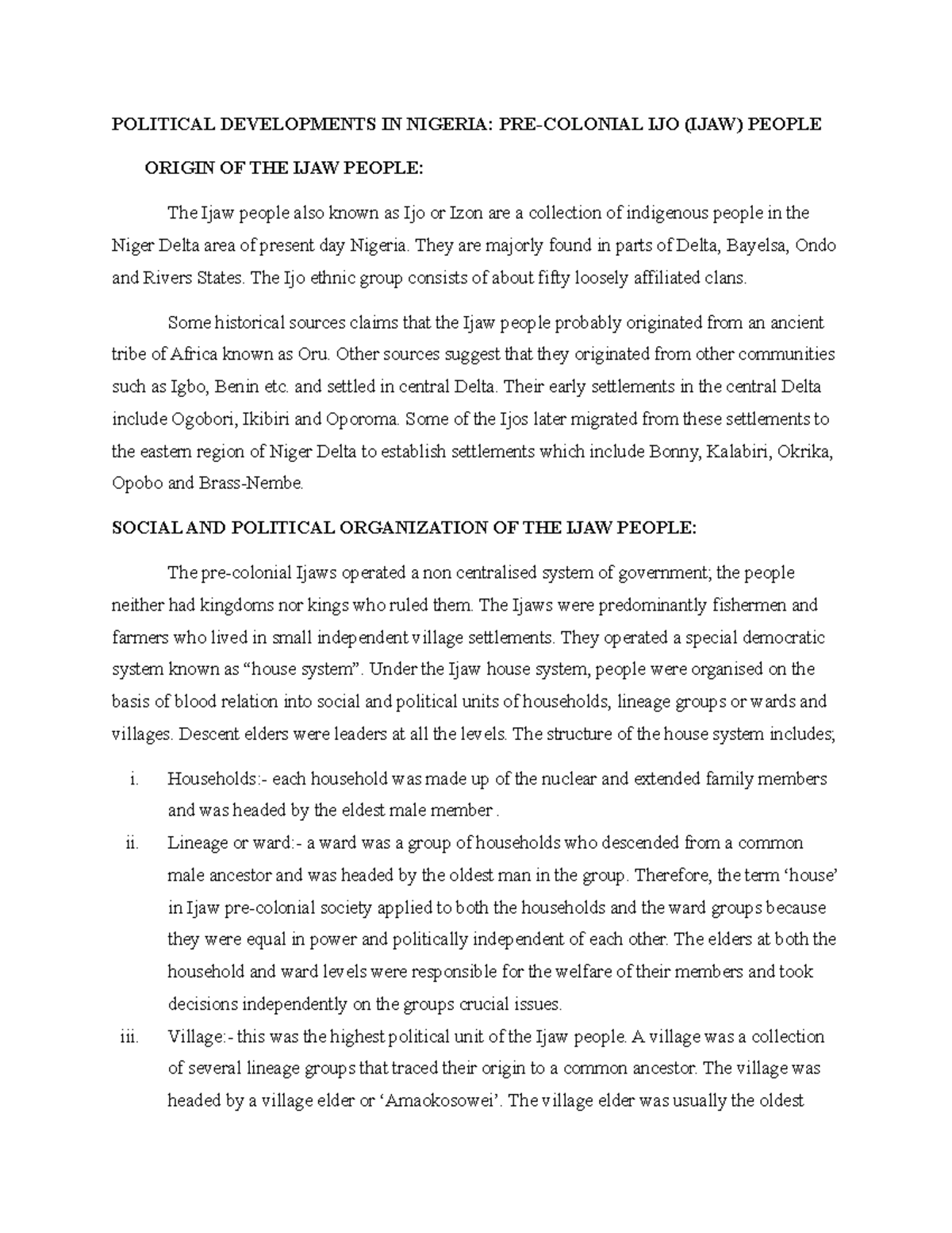 History NOTE ON THE Origin OF THE IJAW People - POLITICAL DEVELOPMENTS ...