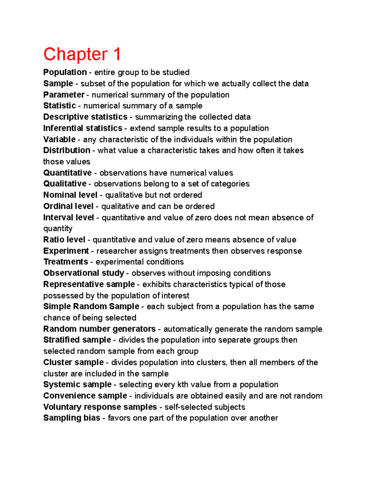 STAT 2300 chapter 1 review - Chapter 1 Population - entire group to be studied Sample - subset ...