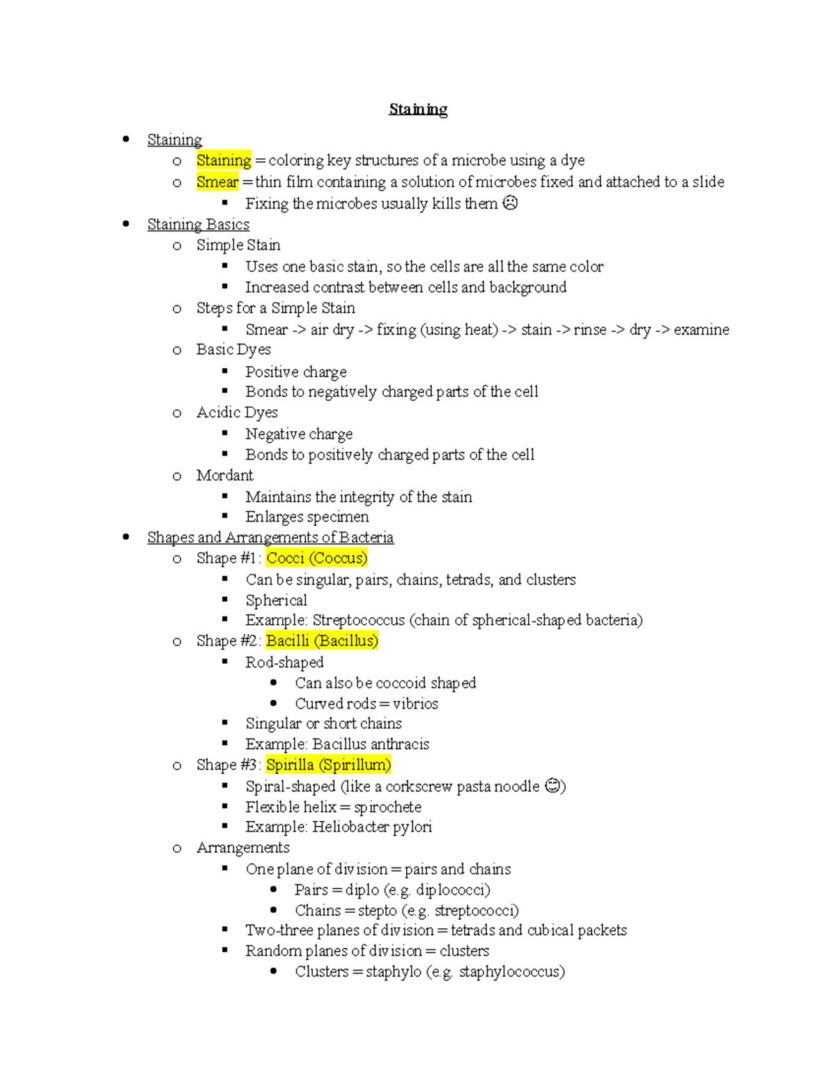 Microbio Notes- Staining - Staining Staining o Staining = coloring key ...
