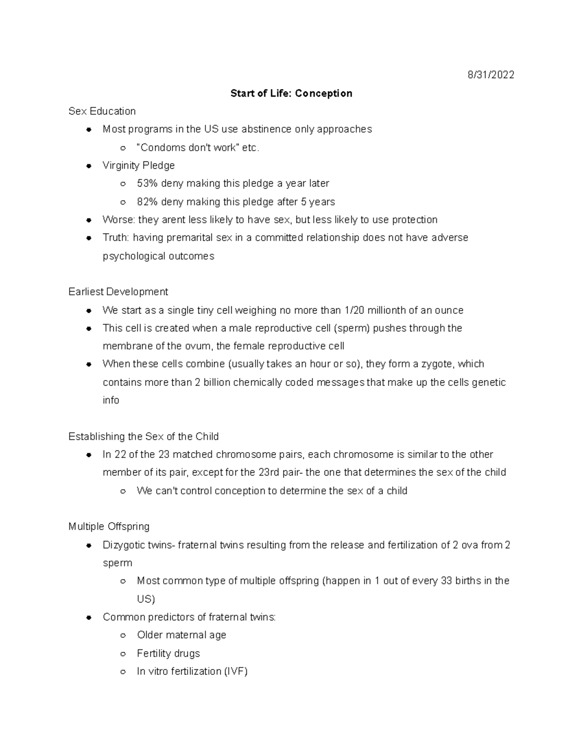 Start of Life Conception - 8/31/ Start of Life: Conception Sex ...