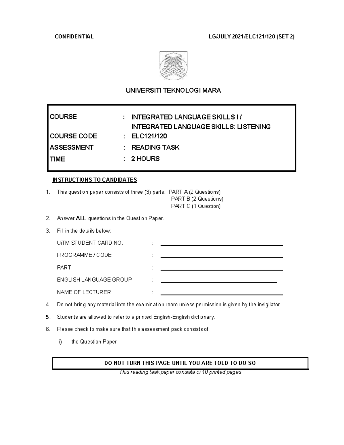 Finish reading task elc - COURSE : COURSE CODE ASSESSMENT TIME ...