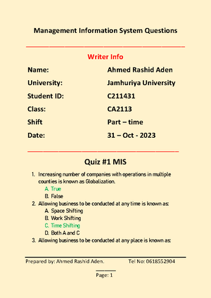 Questions AND Answers OF MIS ( Chapter ONE) - Management Information System(MIS) CHAPTER ONE ...