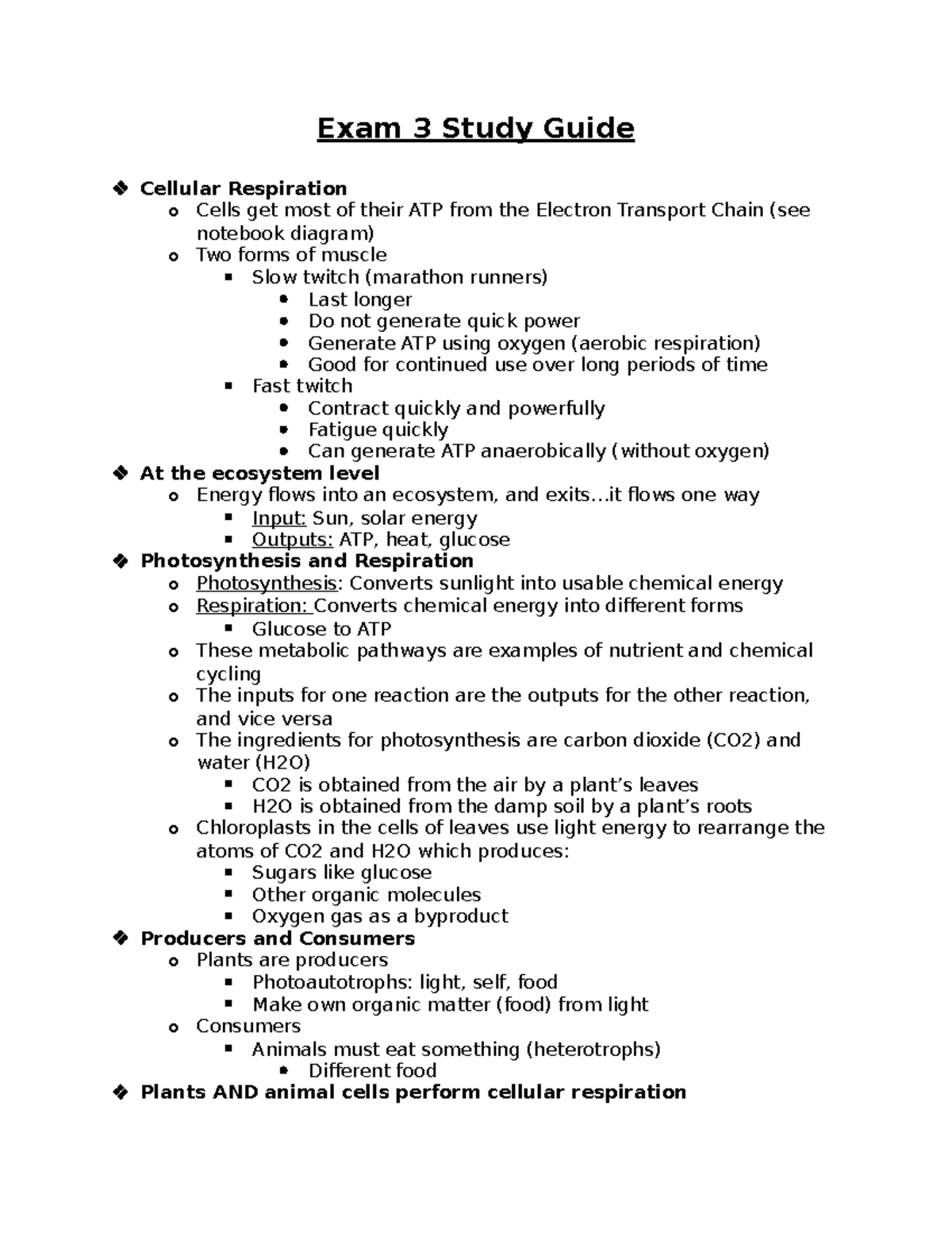 Exam Three Study Guide - Cellular respiration, photosynthesis - Exam 3 ...